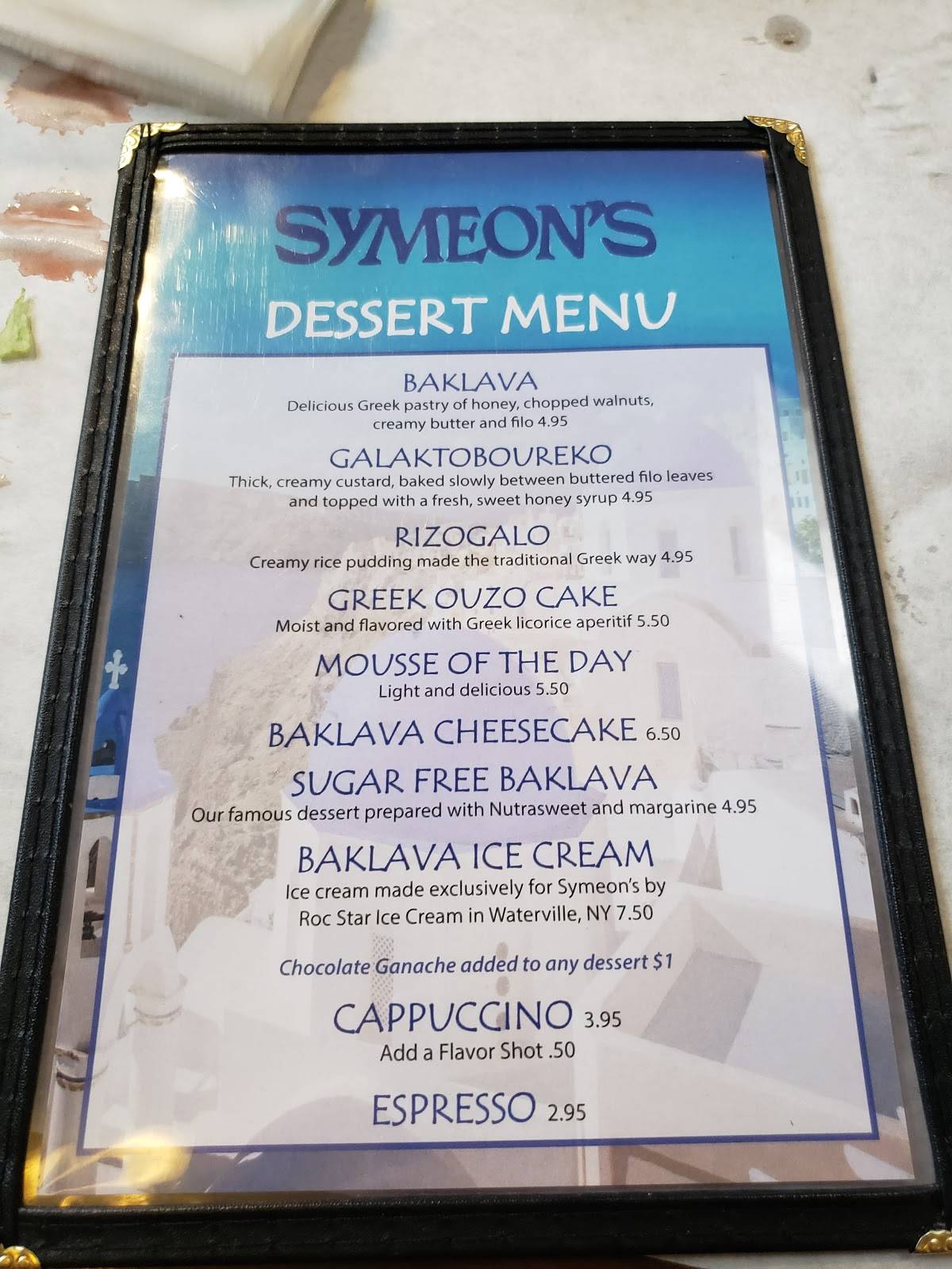 Menu at Symeon's Greek Restaurant, Yorkville