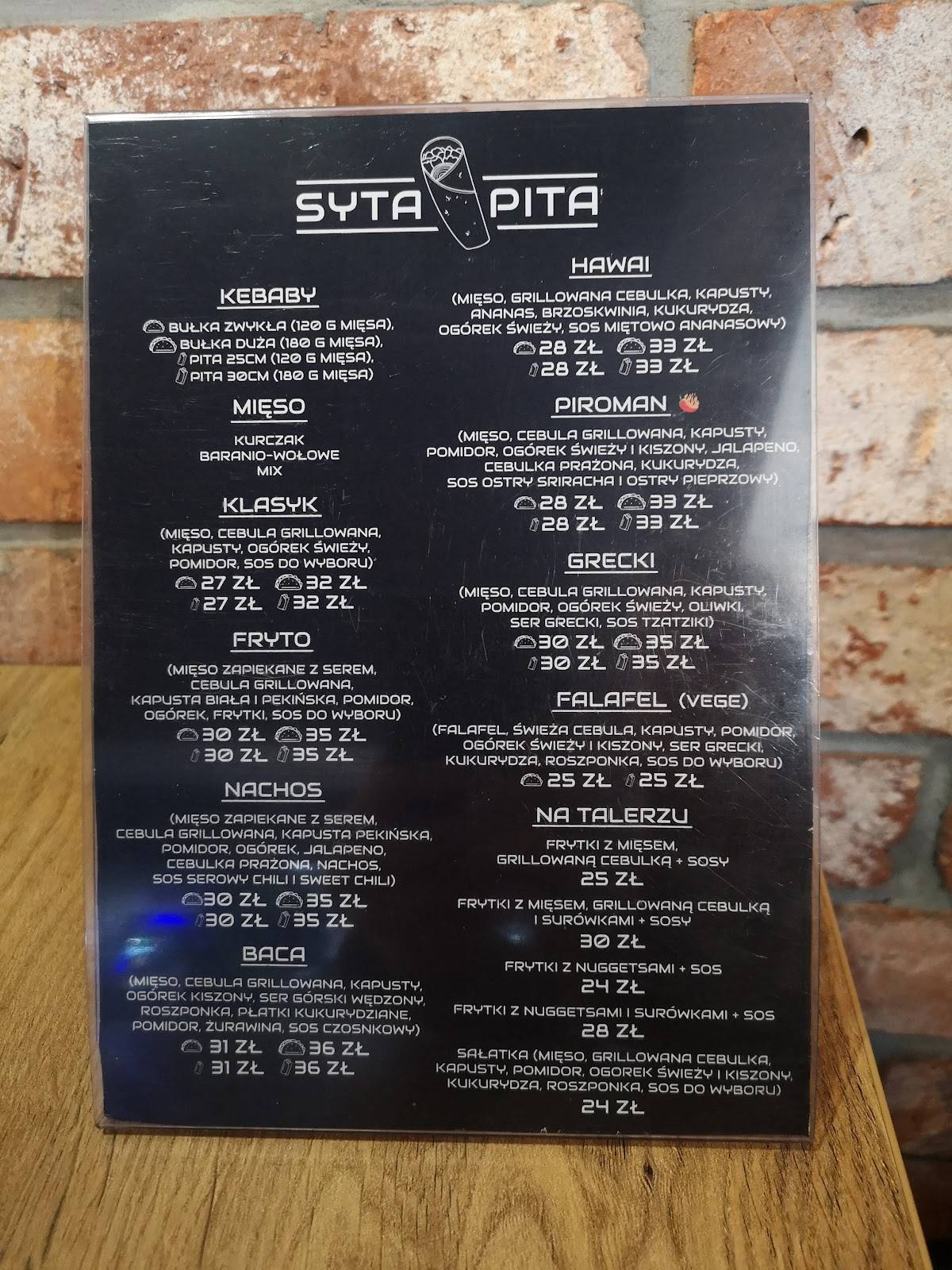 Menu at Syta Pita restaurant, Bydgoszcz