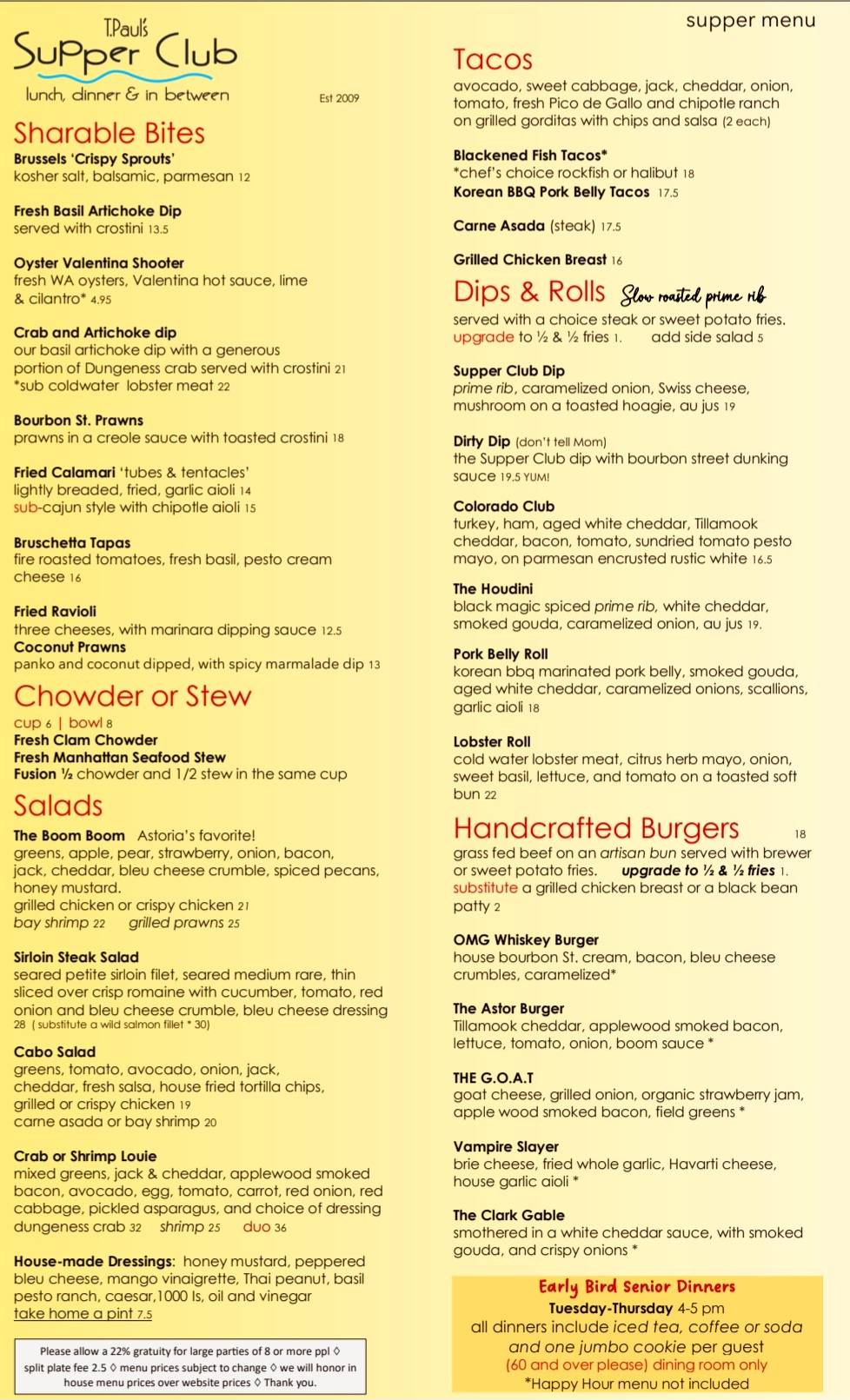 Menu at T. Paul's Supper Club, Astoria