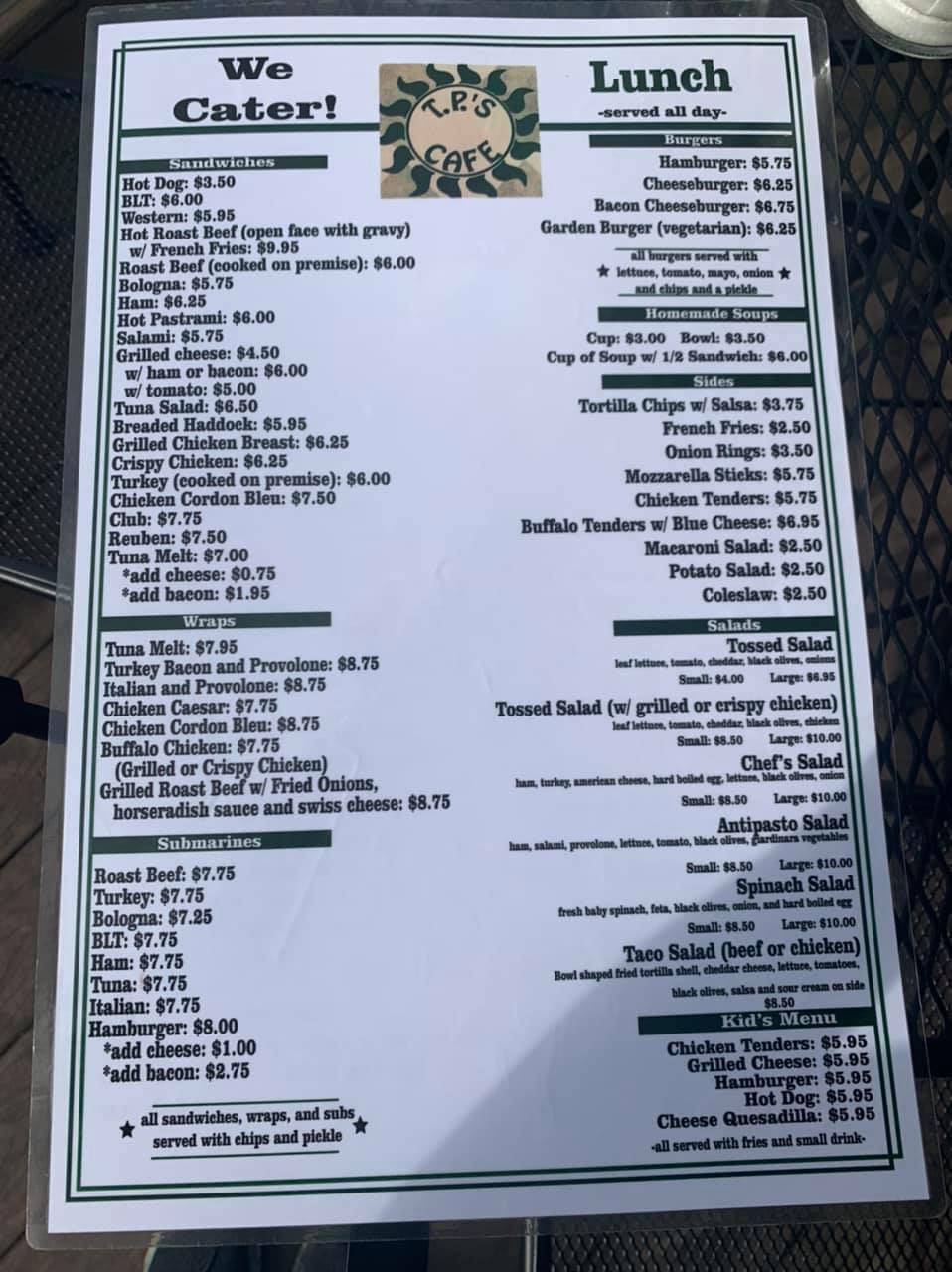 Menu at T P's Cafe, Stamford