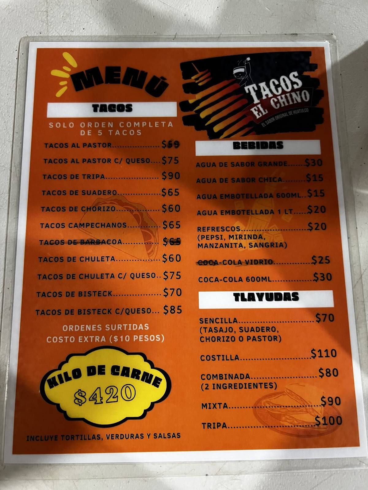 Menu at TACOS EL CHINO el sabor original de huatulco restaurant, La ...