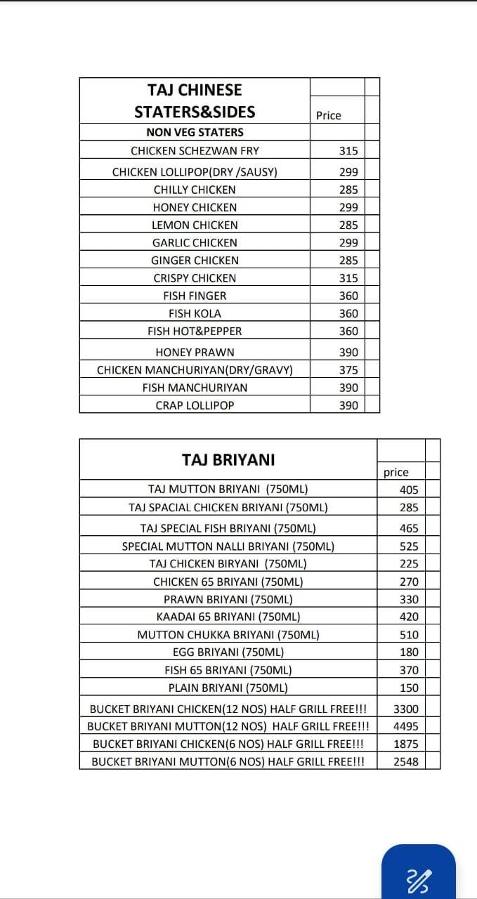 Menu at TAJ BIRYANI OMR, Chennai