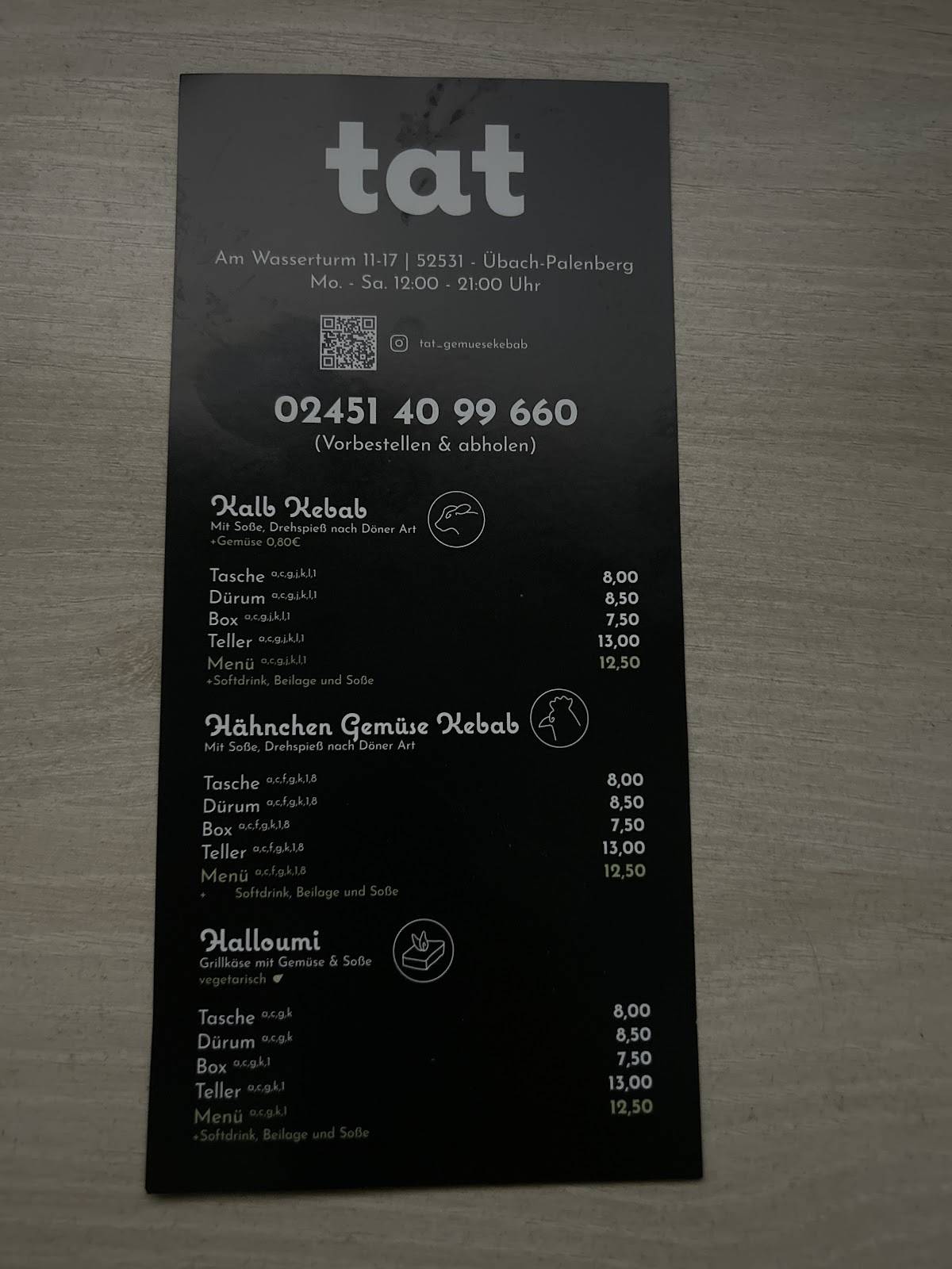 Speisekarte von TAT GEMÜSEKEBAB restaurant, Übach-Palenberg