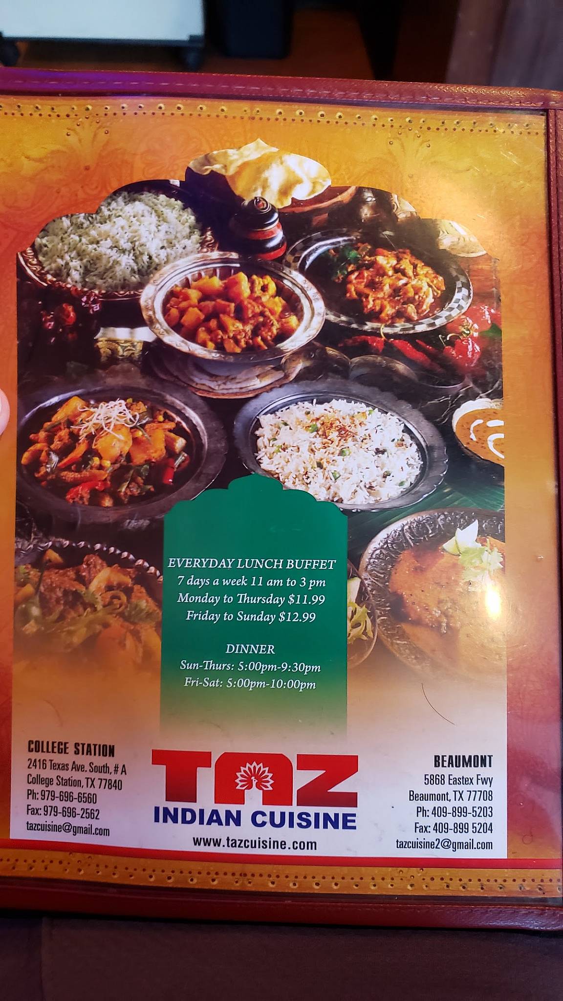Menu at TAZ Indian Cuisine Buffet Restaurant Indian Restaurant Indian ...