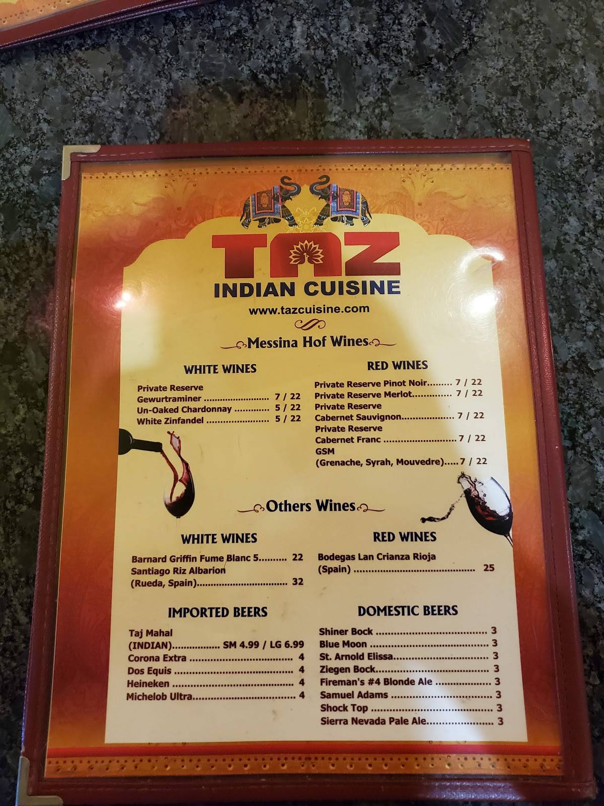 Menu at TAZ Indian Cuisine Buffet Restaurant Indian Restaurant Indian ...