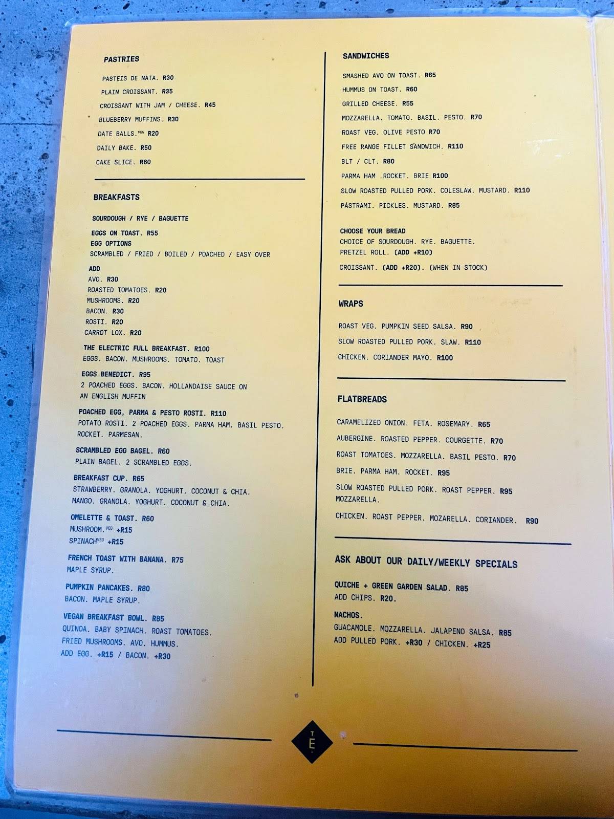 Menu at THE ELECTRIC cafe, Cape Town
