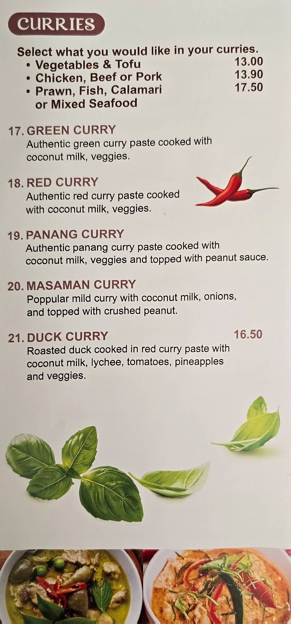 Menu at Ta Wan Thai restaurant, Waitara