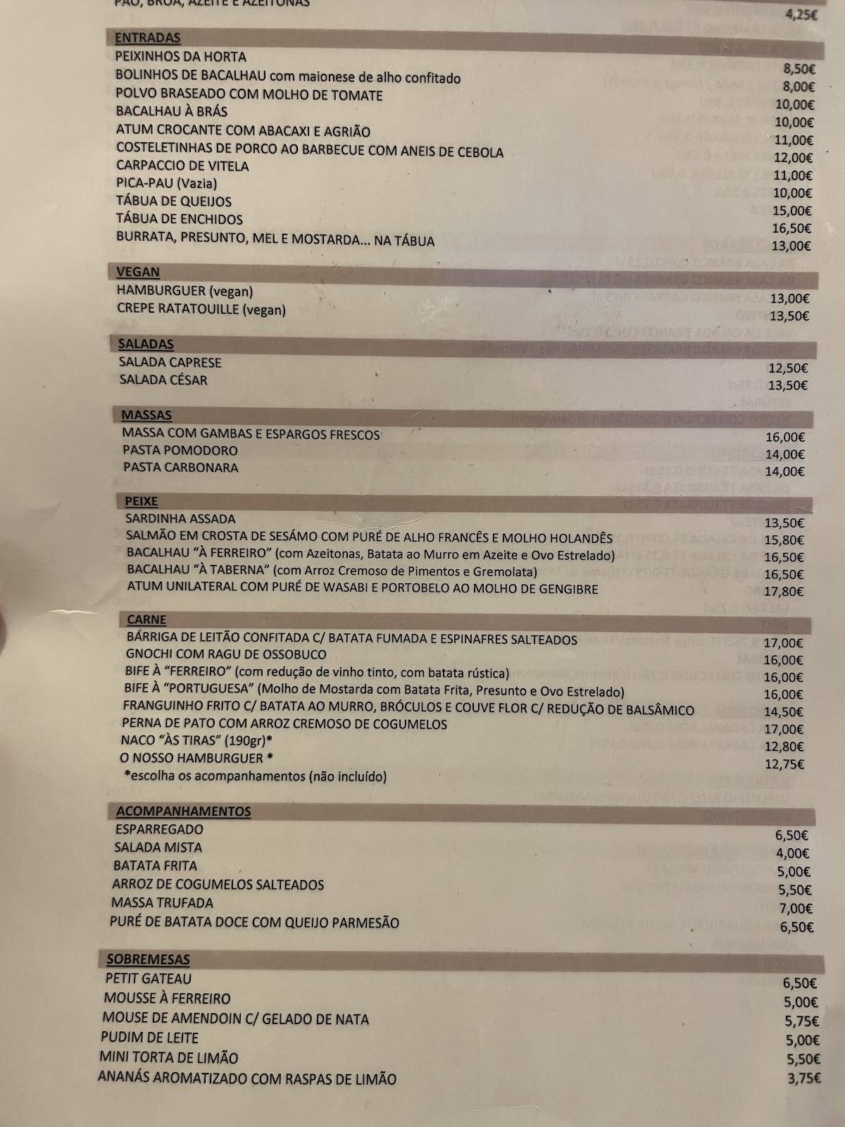 Menu at Taberna dos Ferreiros restaurant, Lisbon