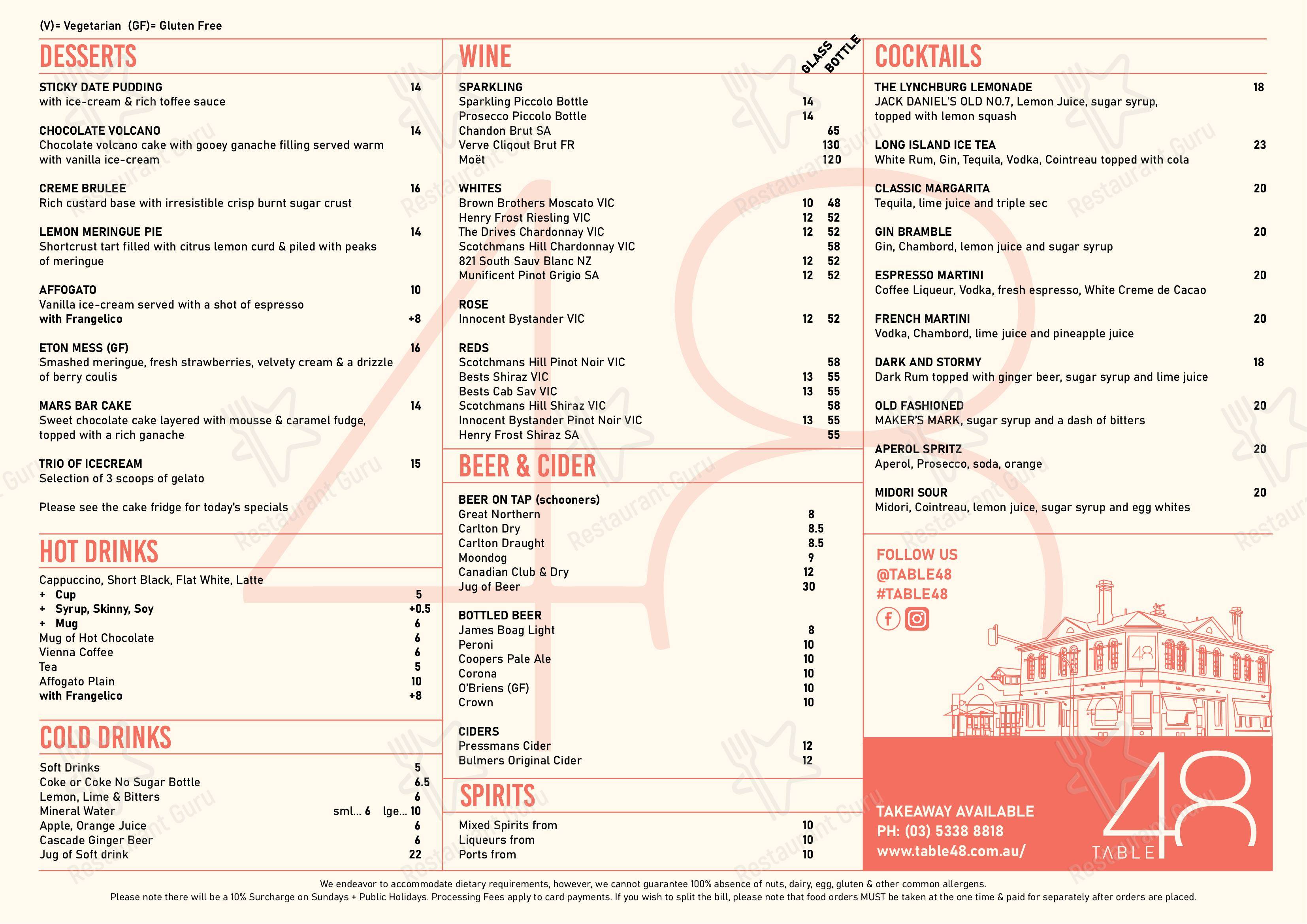 Menu at Table 48 restaurant, Bakery Hill
