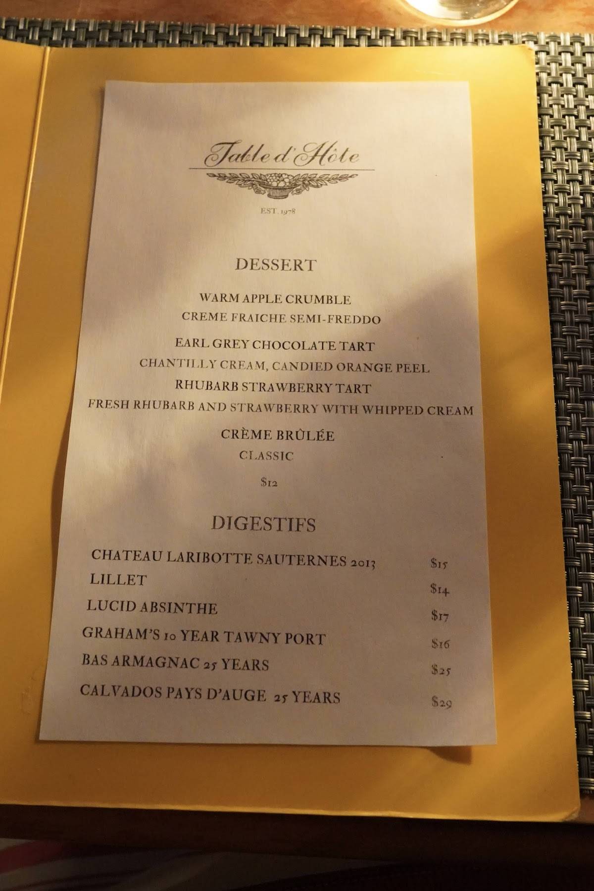 Menu at Table d'Hôte restaurant, New York City