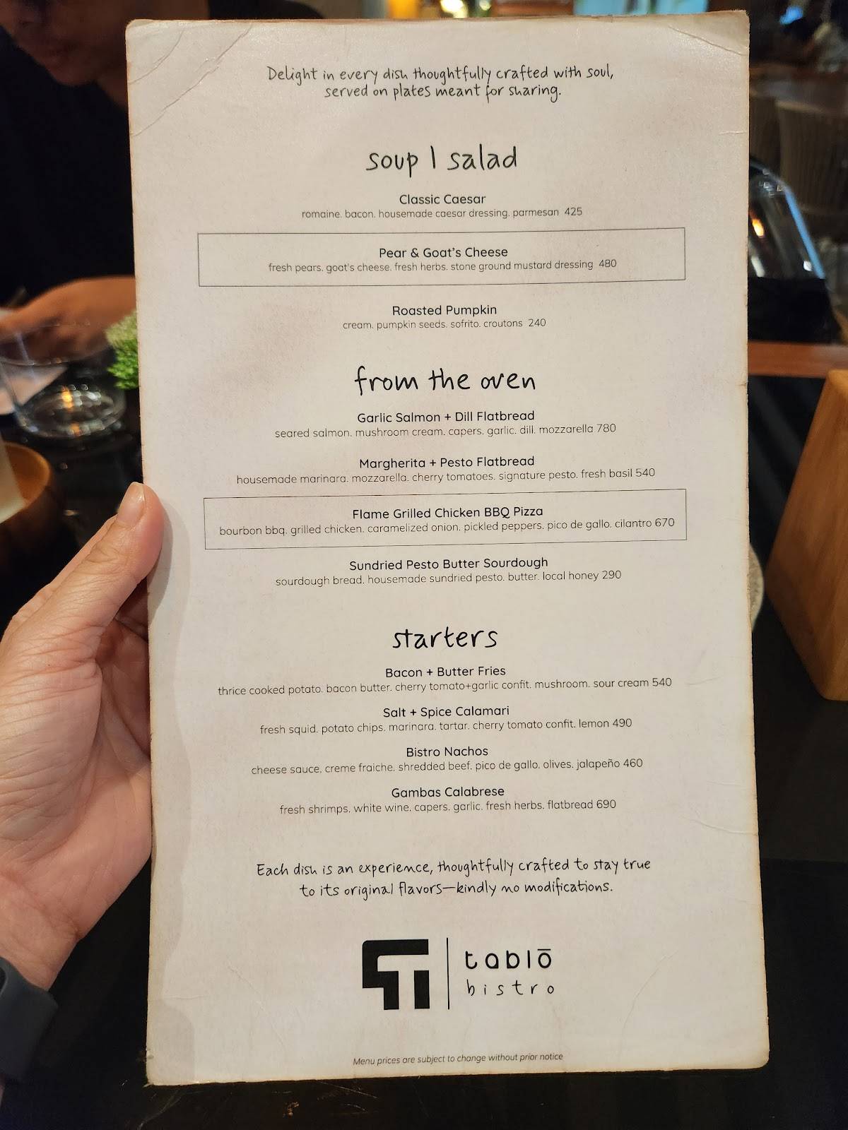 Menu at Tablo Bistro restaurant, Quezon City