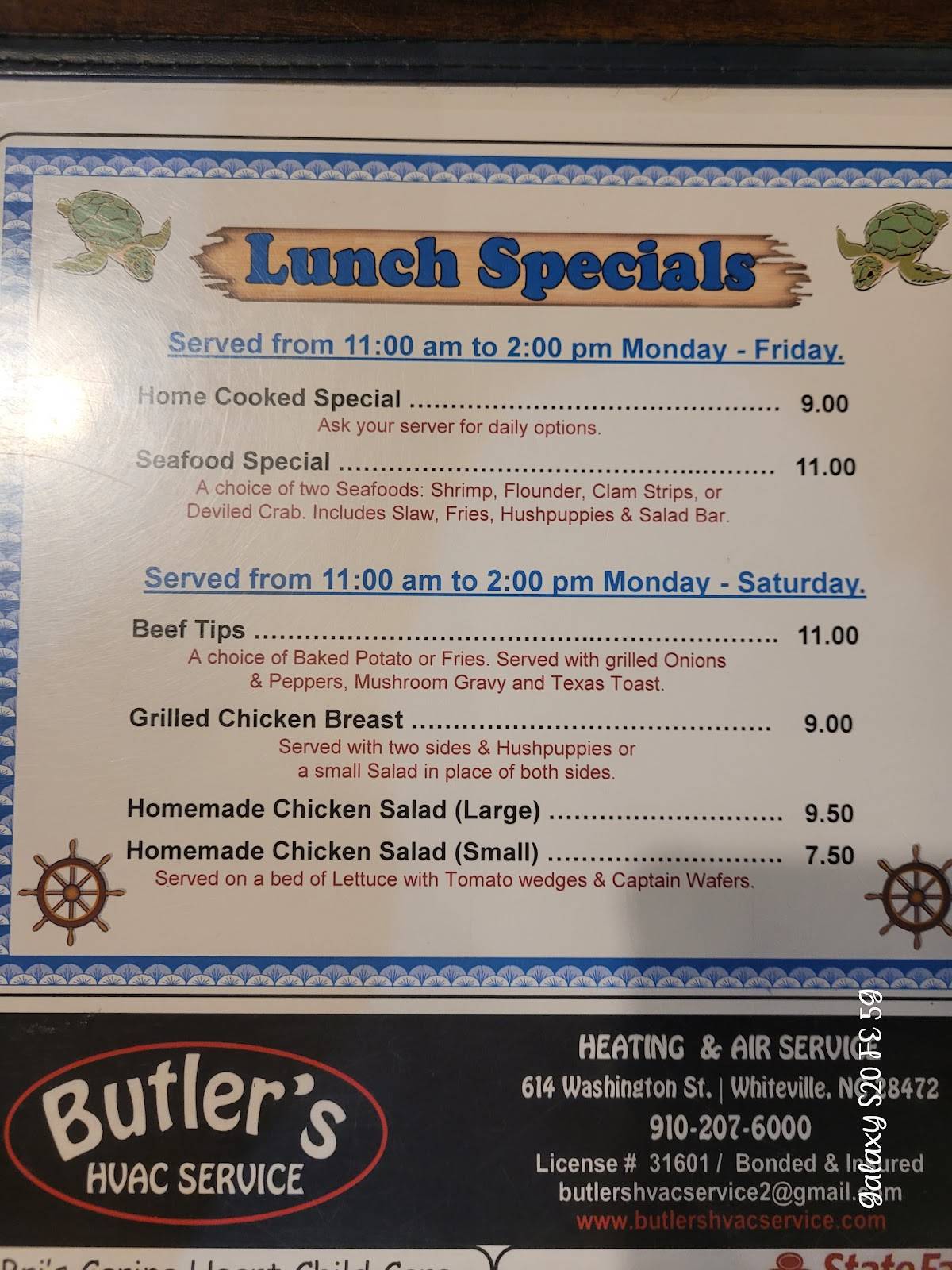 Menu at Dale's Seafood restaurant, Tabor City