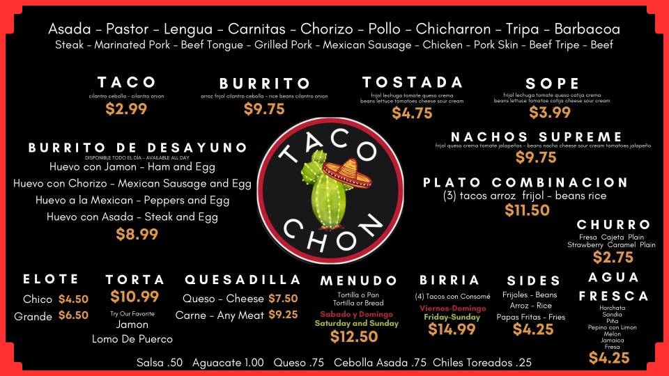 Carta del restaurante Taco Chon, Haltom City