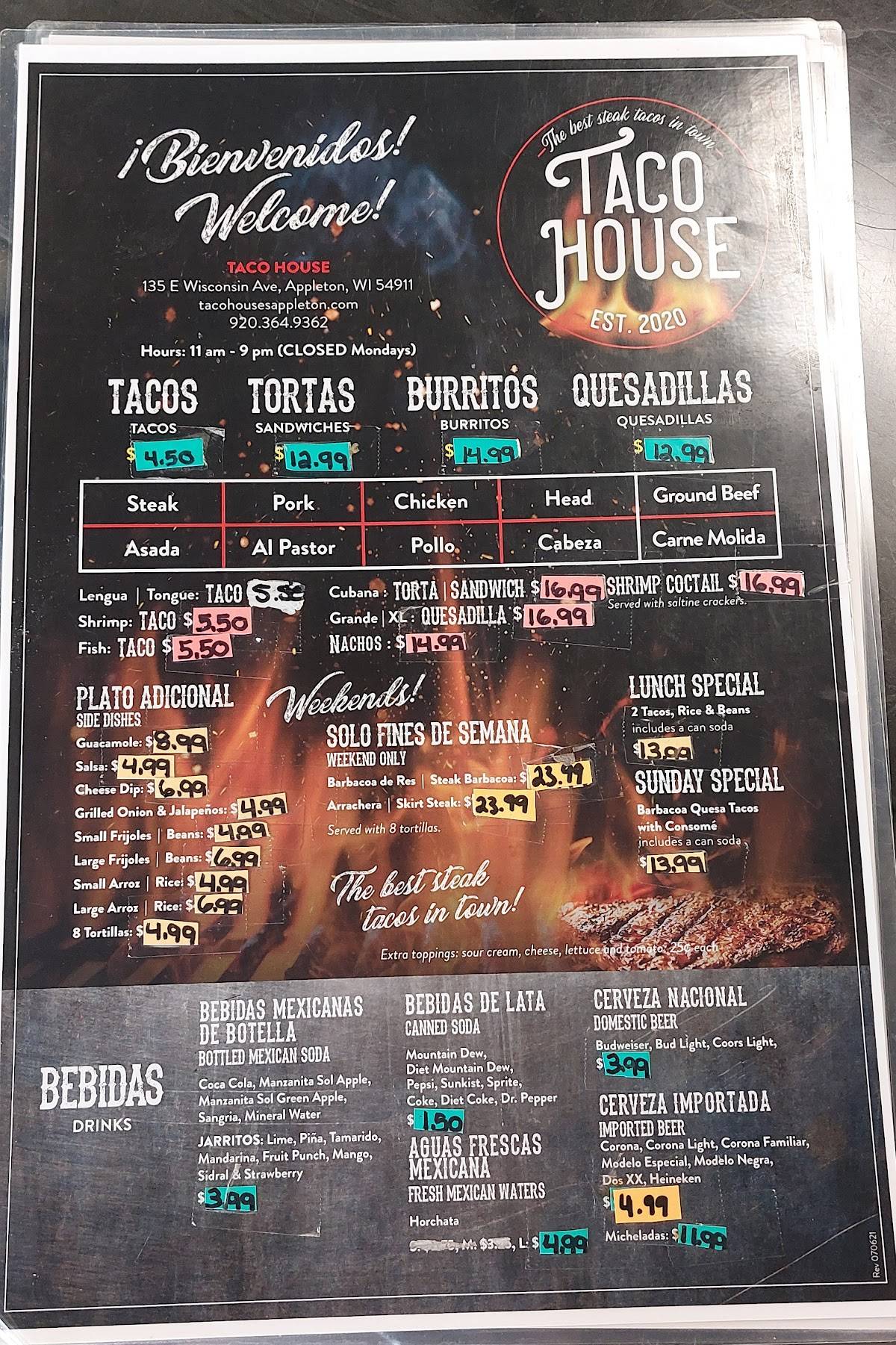 Carta del restaurante Taco House, Appleton