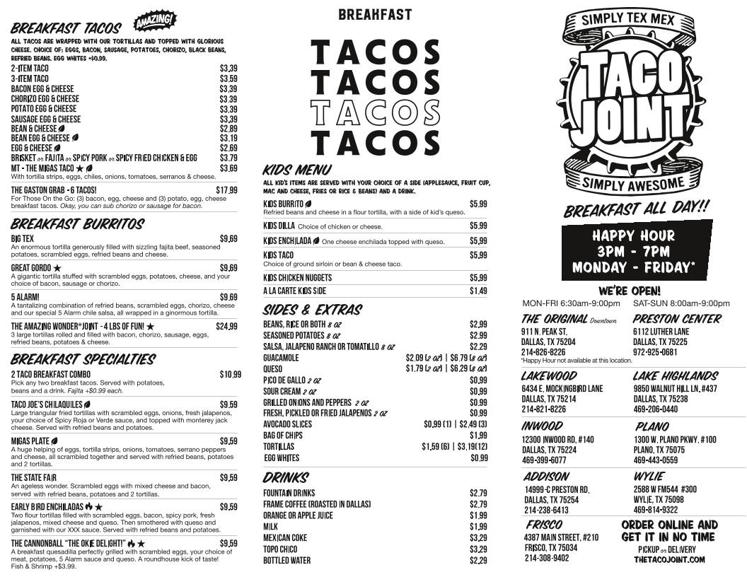 Menu at Taco Joint Lakewood pub & bar, Dallas, E Mockingbird Ln