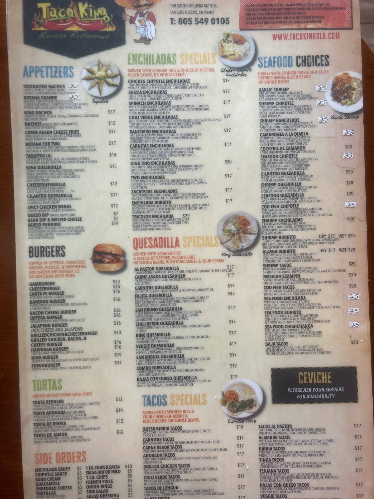 Carta del restaurante Taco King, San Luis Obispo, 158 Higuera St ste b
