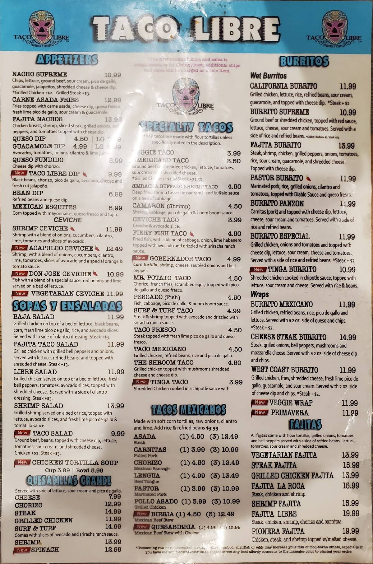 Carta del restaurante Taco Libre #3, San Agustín, N Ponce De Leon Blvd