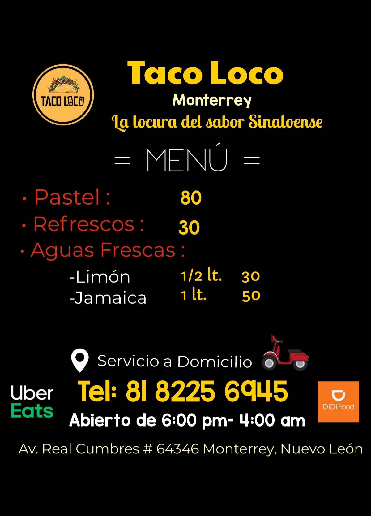 Menu at Taco Loco restaurant, Monterrey, Real de Cumbres 445