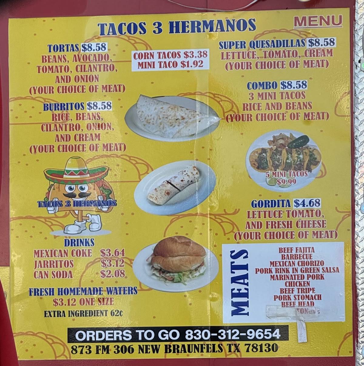 Menu at Tacos 3 Hermanos restaurant, New Braunfels