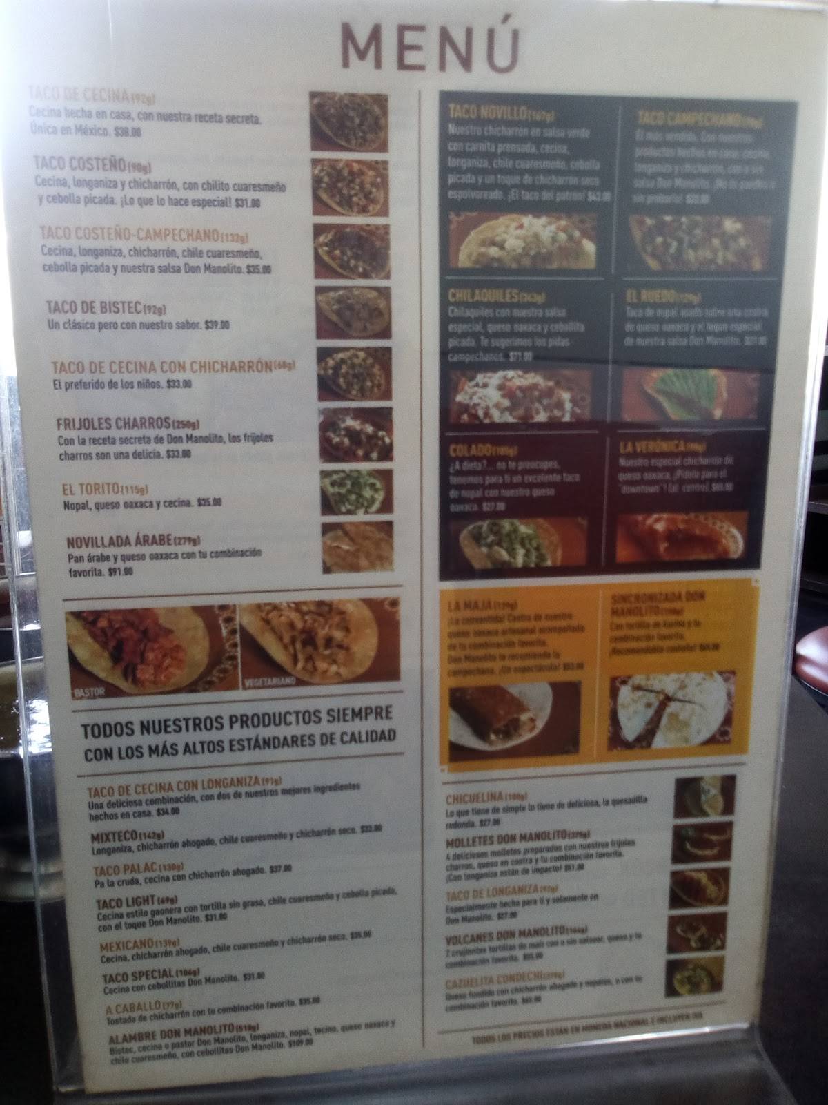 Menu at Tacos Don Manolito Pedregal restaurant, Mexico City, Av. de Las ...
