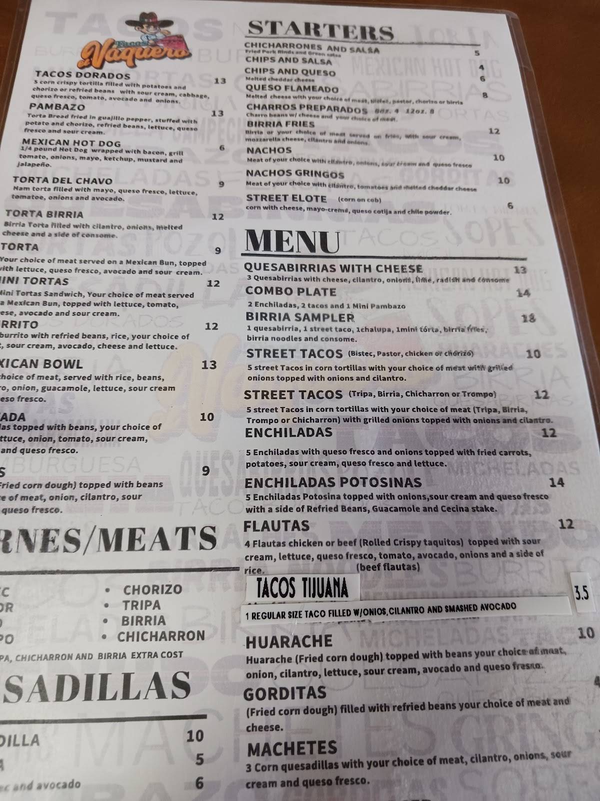 Menu at Tacos El Vaquero Arre Lulu restaurant, Houston