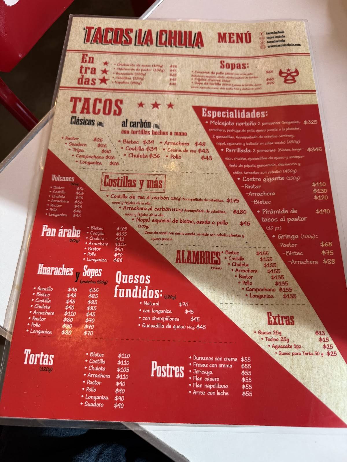 Carta del restaurante Tacos La Chula Revolución, Ciudad del México