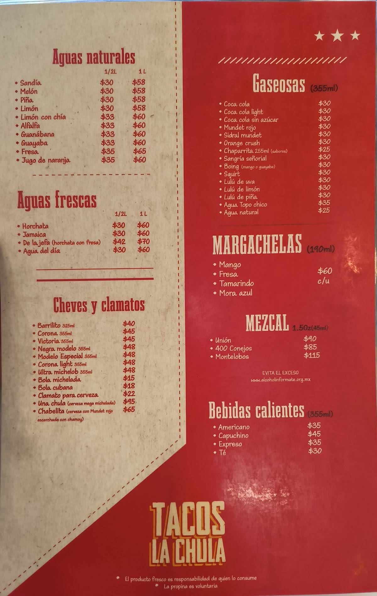 Carta del restaurante Tacos La Chula Revolución, Ciudad del México