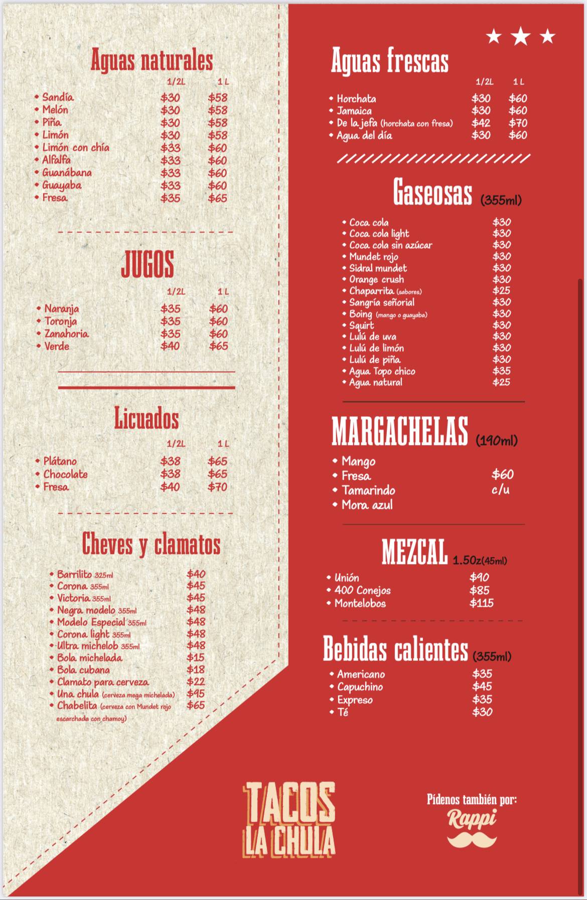 Carta del restaurante Tacos La Chula Revolución, Ciudad del México