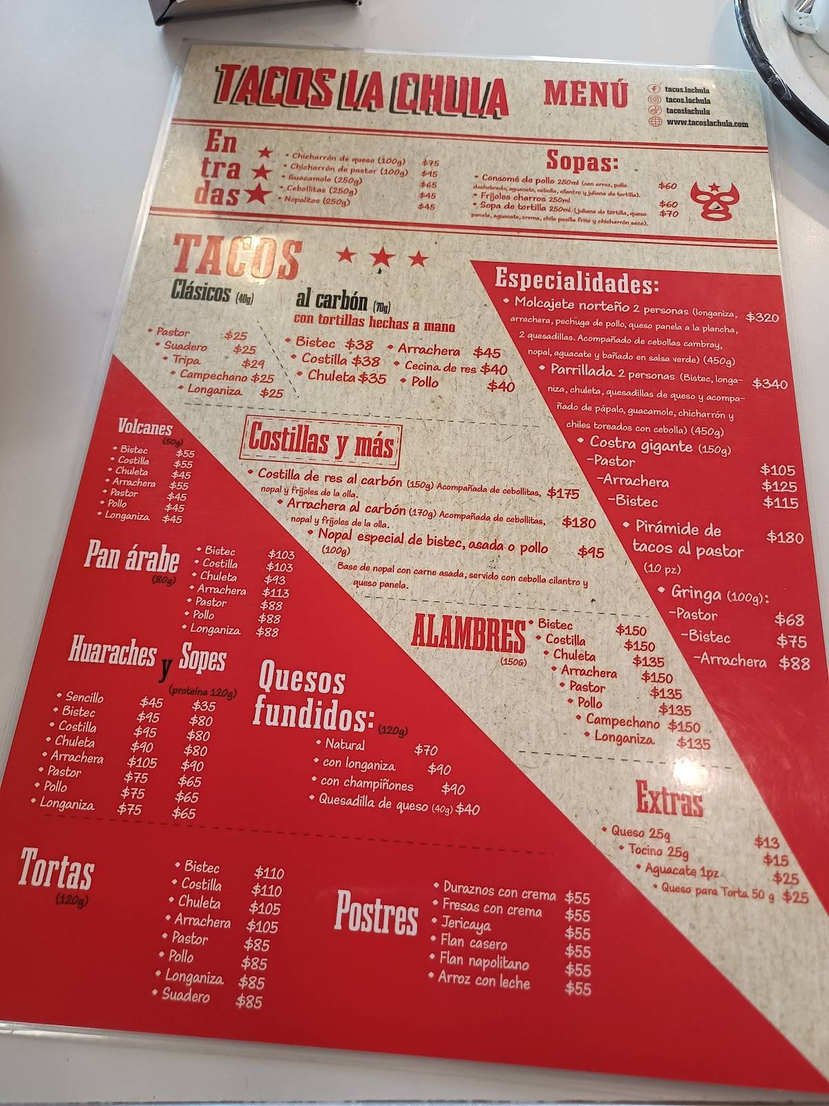 Carta del restaurante Tacos La Chula Revolución, Ciudad del México