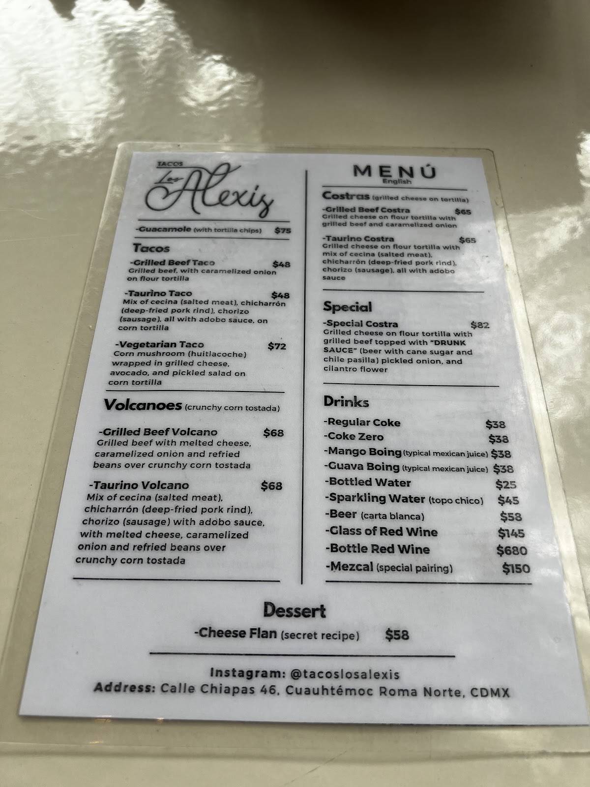 Menu at Tacos Los Alexis restaurant, Naucalpan