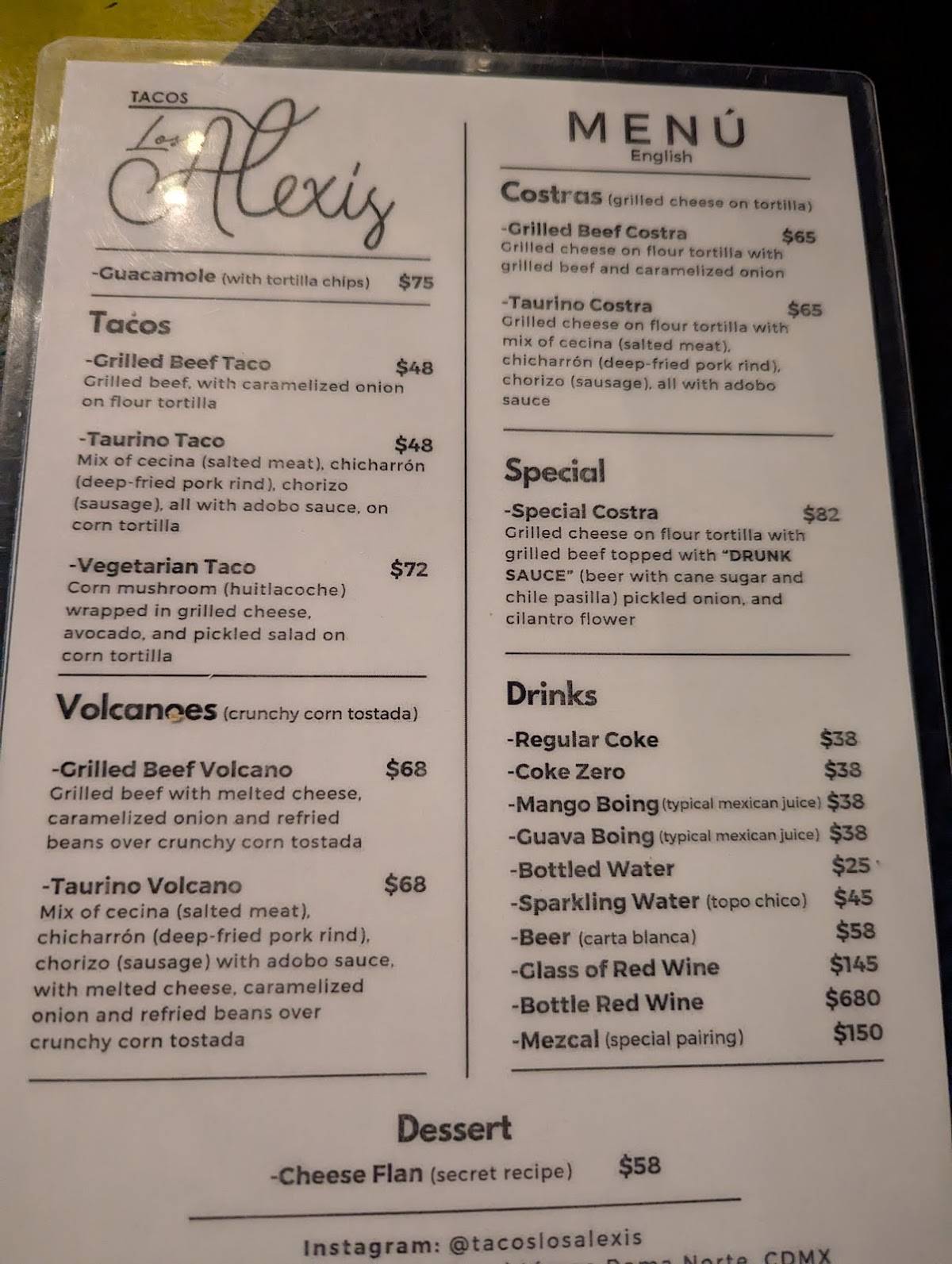 Menu at Tacos Los Alexis restaurant, Naucalpan