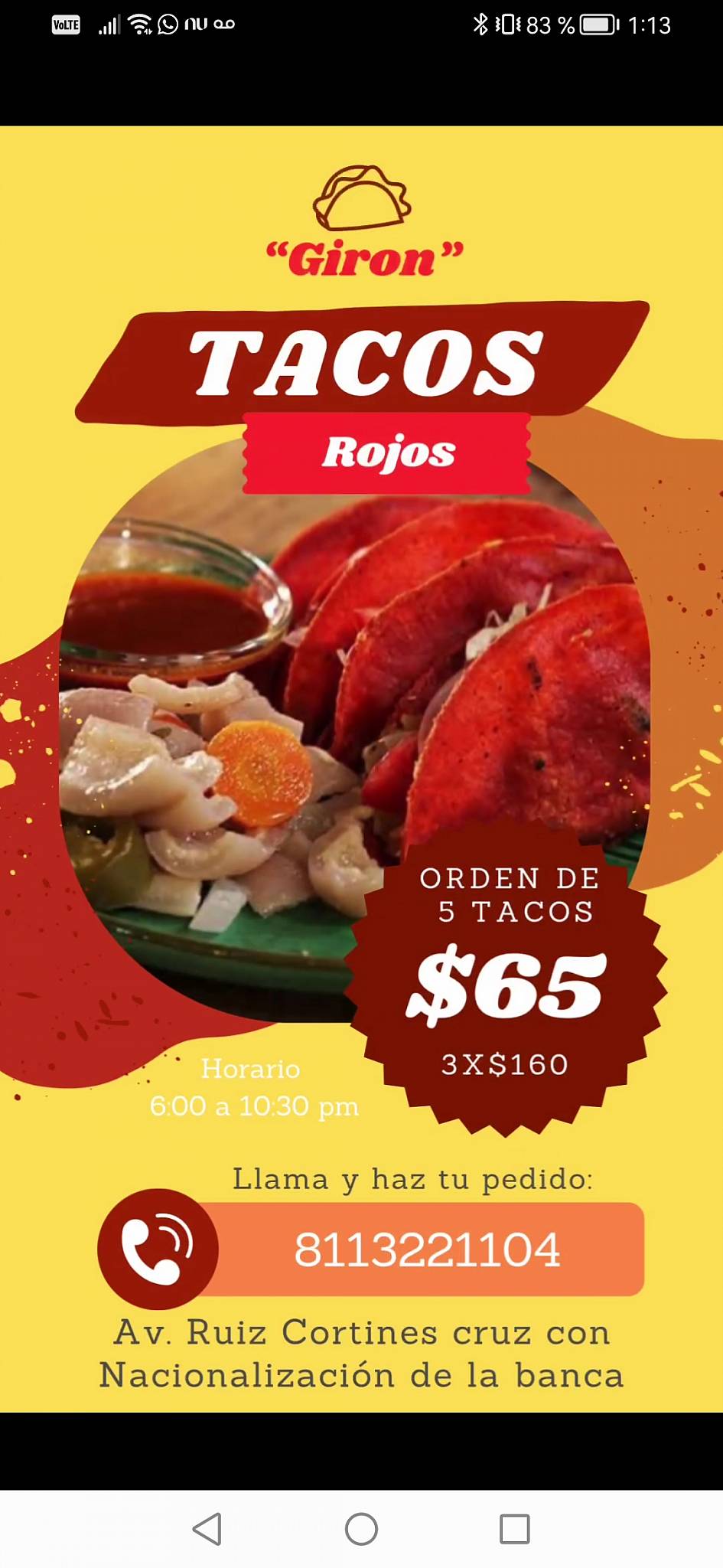 Menu at Tacos Rojos Girón restaurant, Monterrey