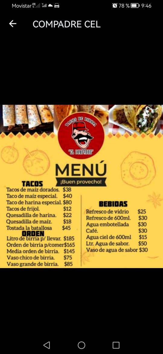 Carta de Tacos de Birria El Compadre, La Paz