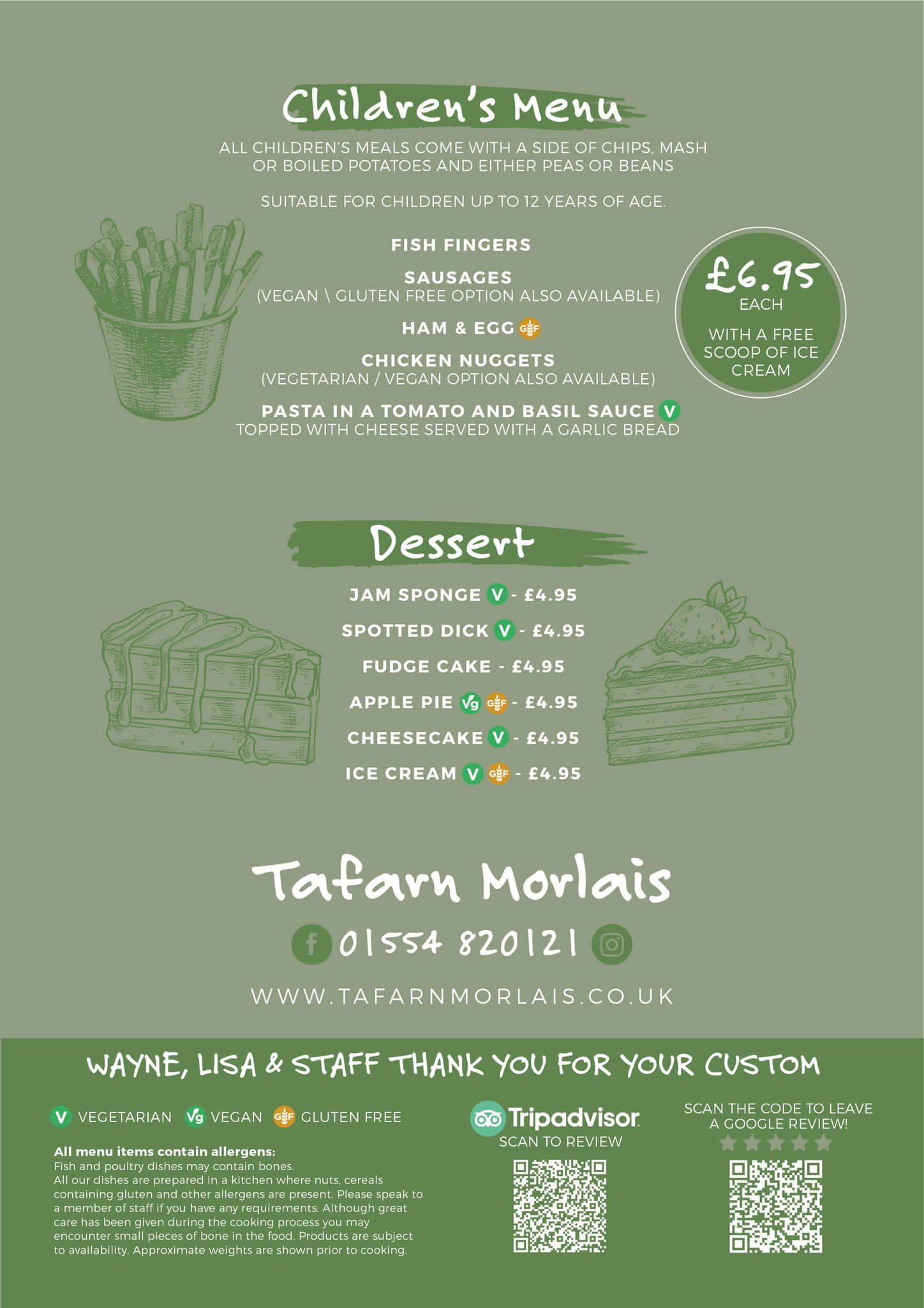 Menu at Tafarn Morlais restaurant, Llanelli