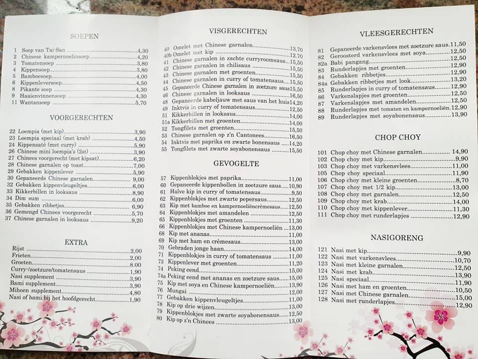 Menu at Tai-San, Zandhoven