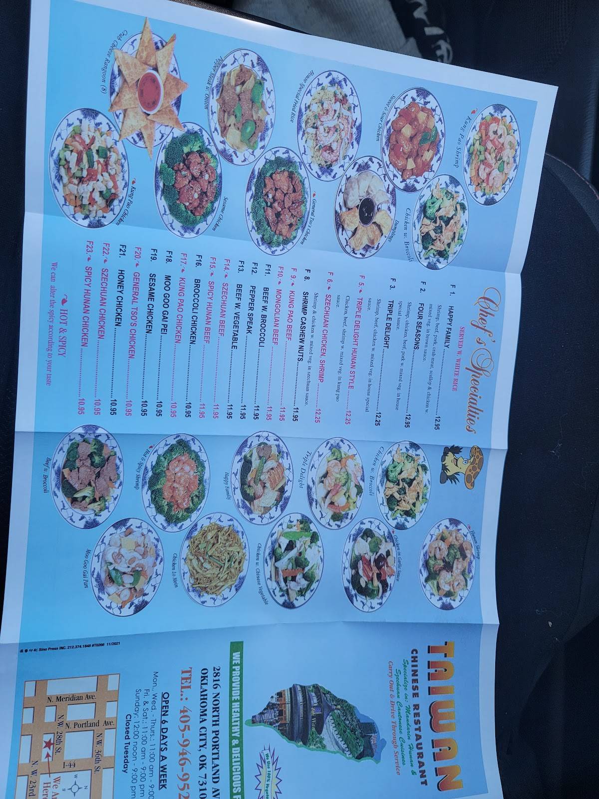Menu at Taiwan Chinese Food restaurant, Oklahoma City