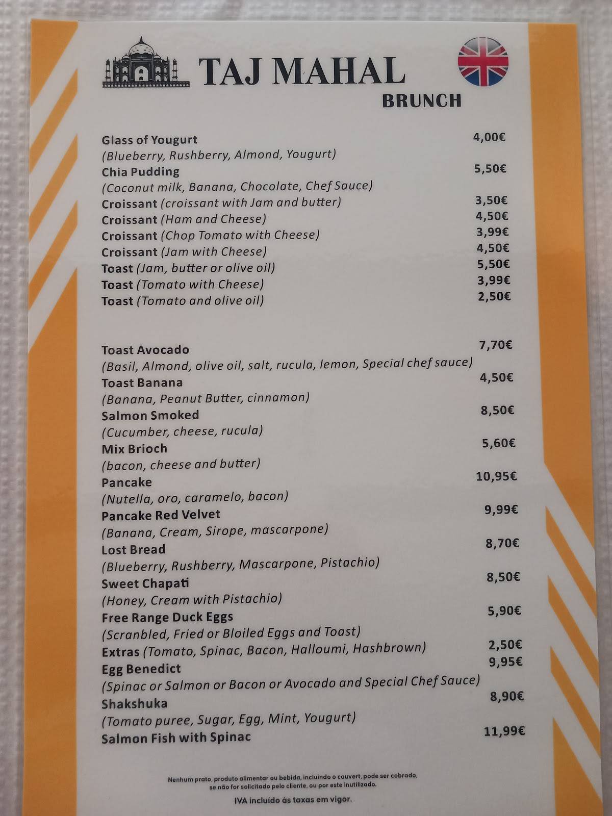 Menu at Taj Mahal Indian Restaurant, Monte Gordo