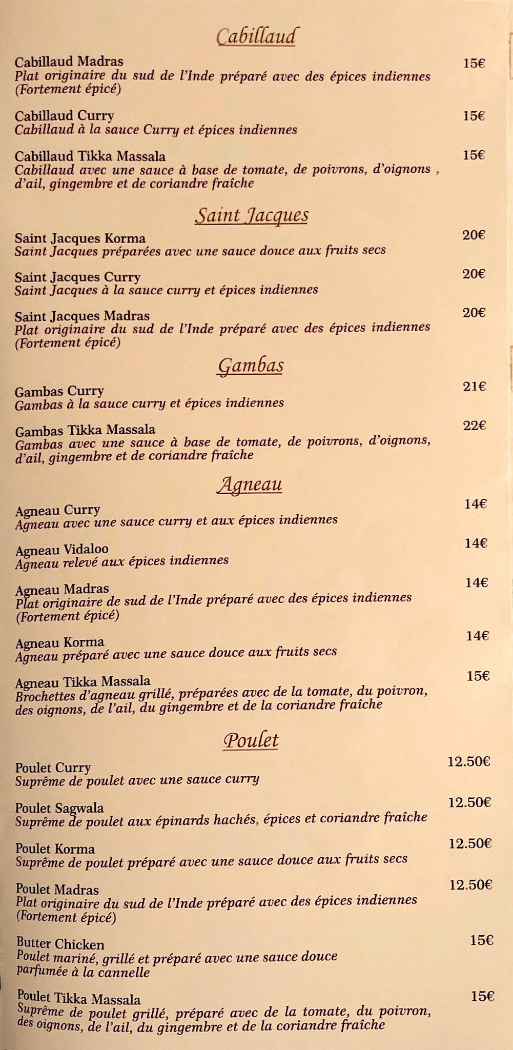 Menu au Taj Mahal royal indien restaurant, Chalon-sur-Saône