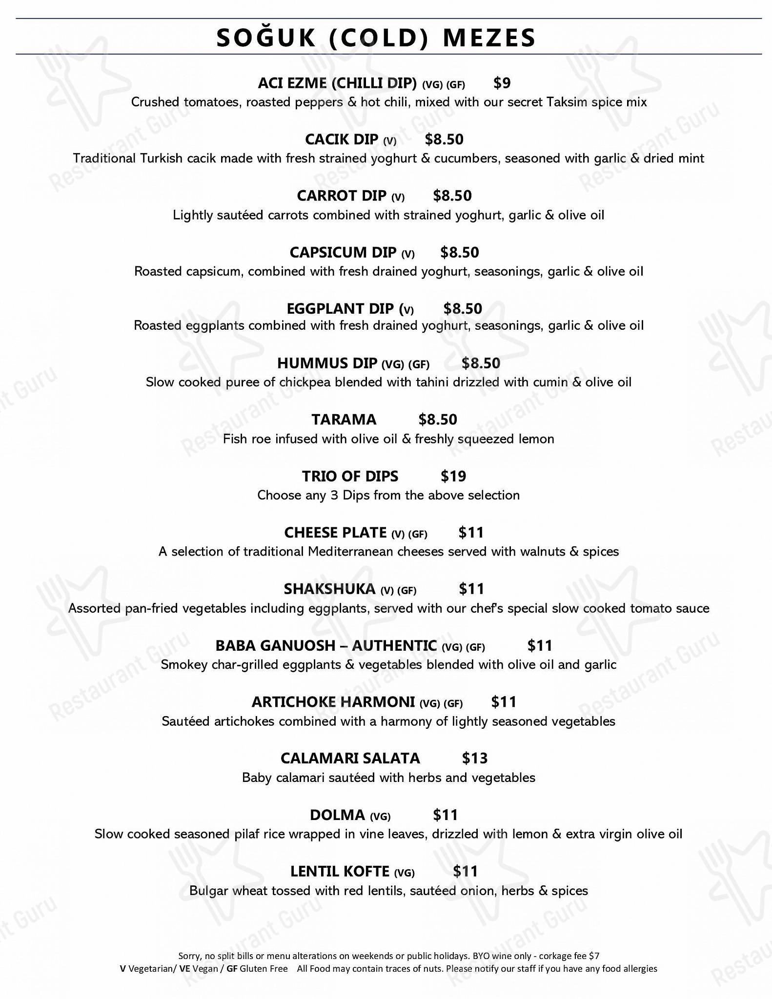 Menu at Taksim Square restaurant, Moonee Ponds