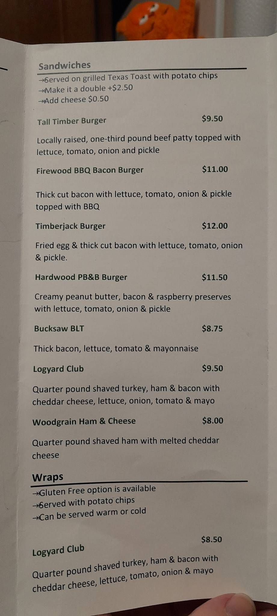 Menu at Tall Timber Coffee cafe, Muncie