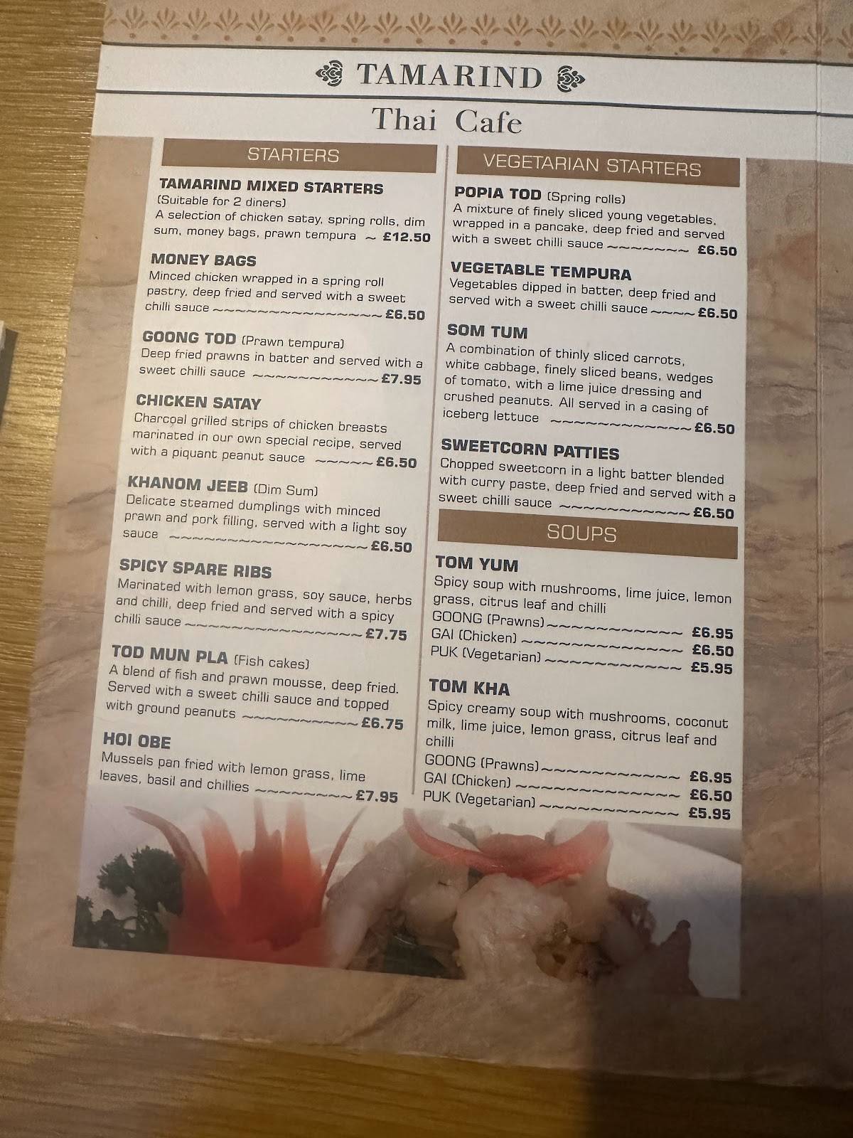 Menu at Tamarind Thai Cafe, Rickmansworth
