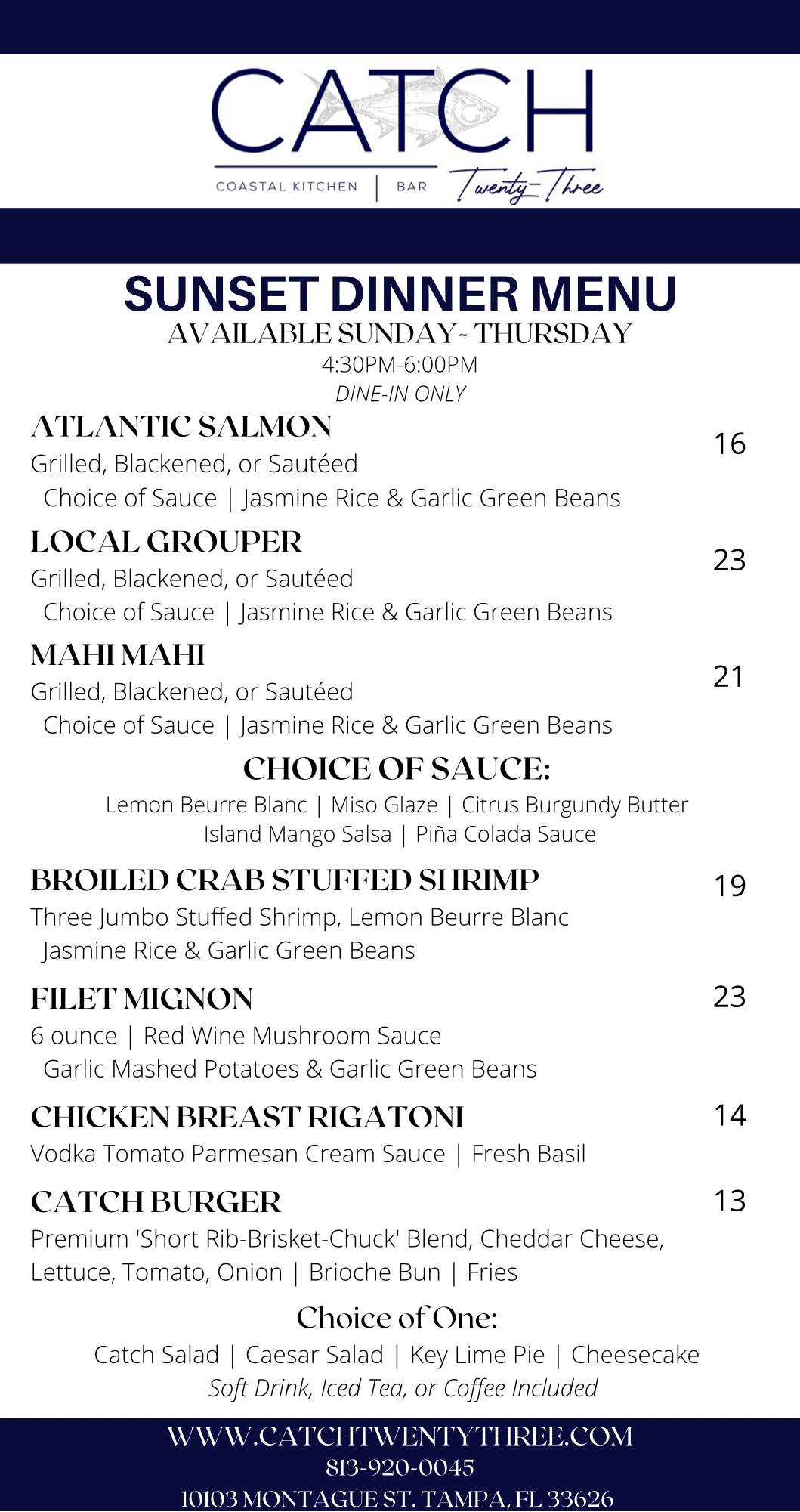 Menu at Catch Twenty Three restaurant, Tampa