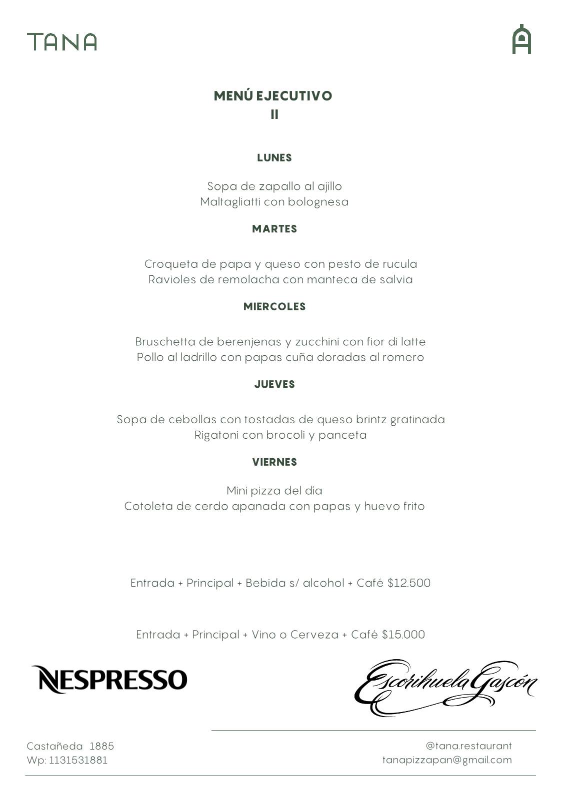 Carta del restaurante Tana, Buenos Aires