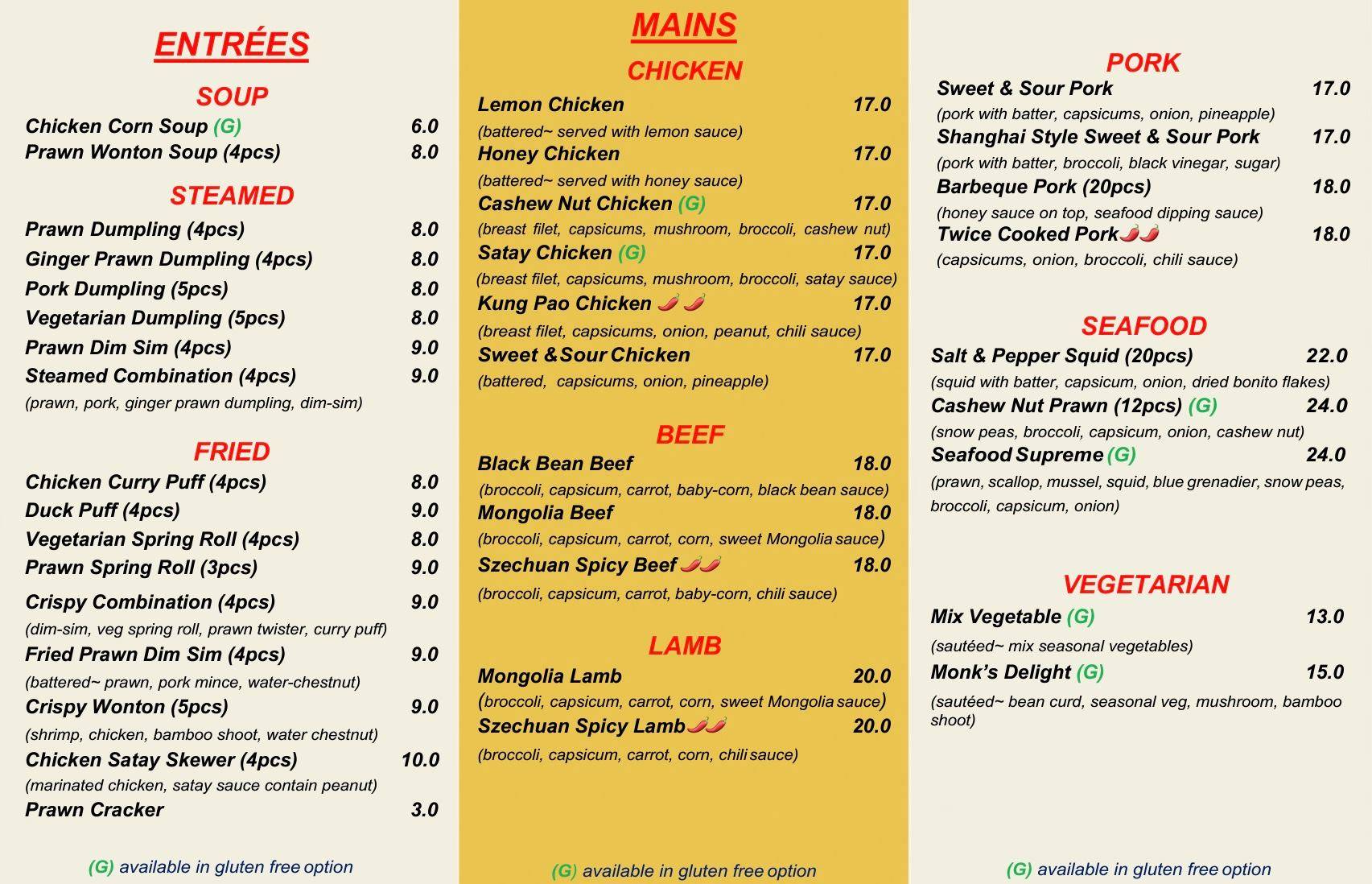 Menu at Tang Dynasty Chinese Restaurant, Bellerive