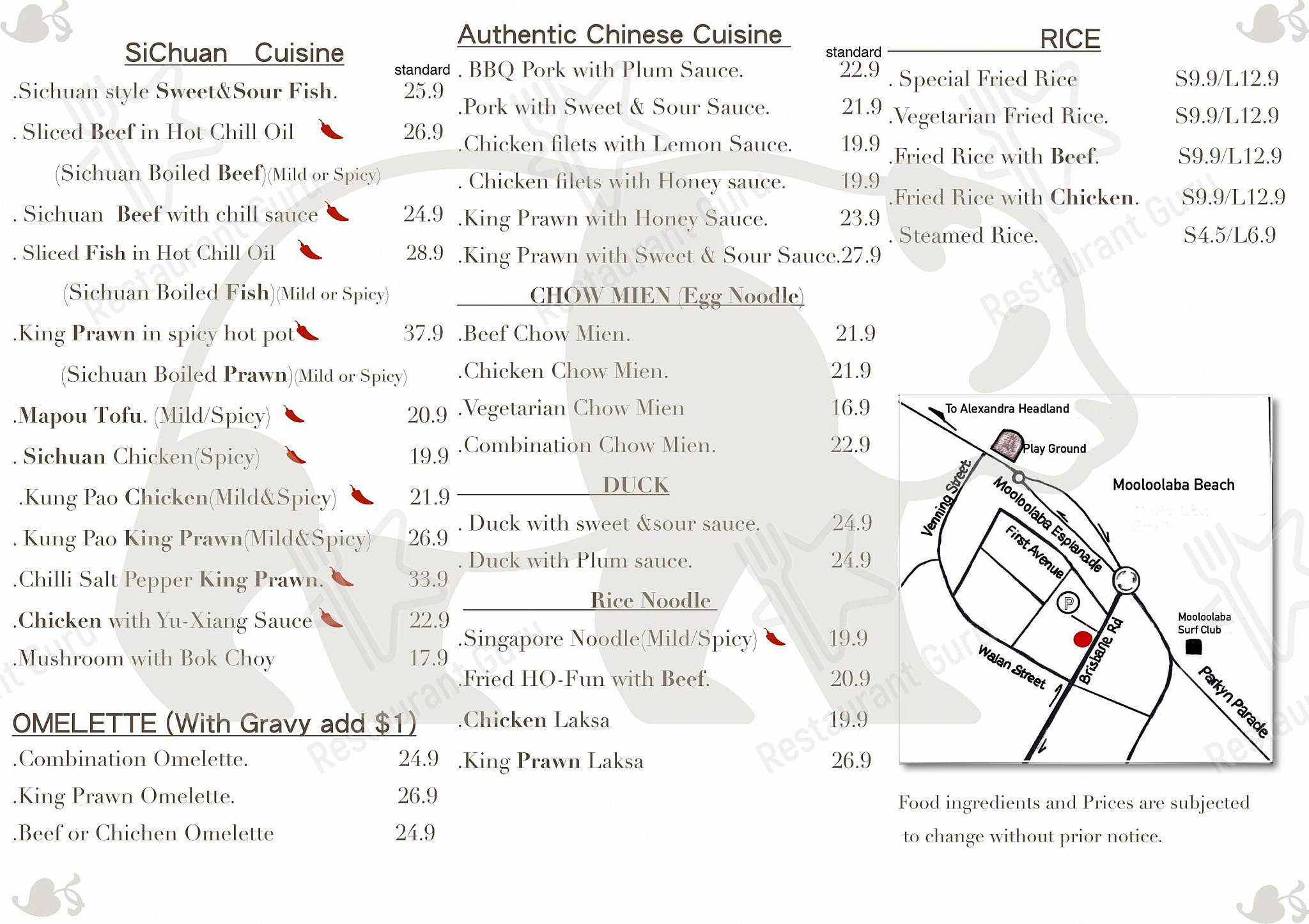 Menu at Tang Dynasty restaurant, Mooloolaba