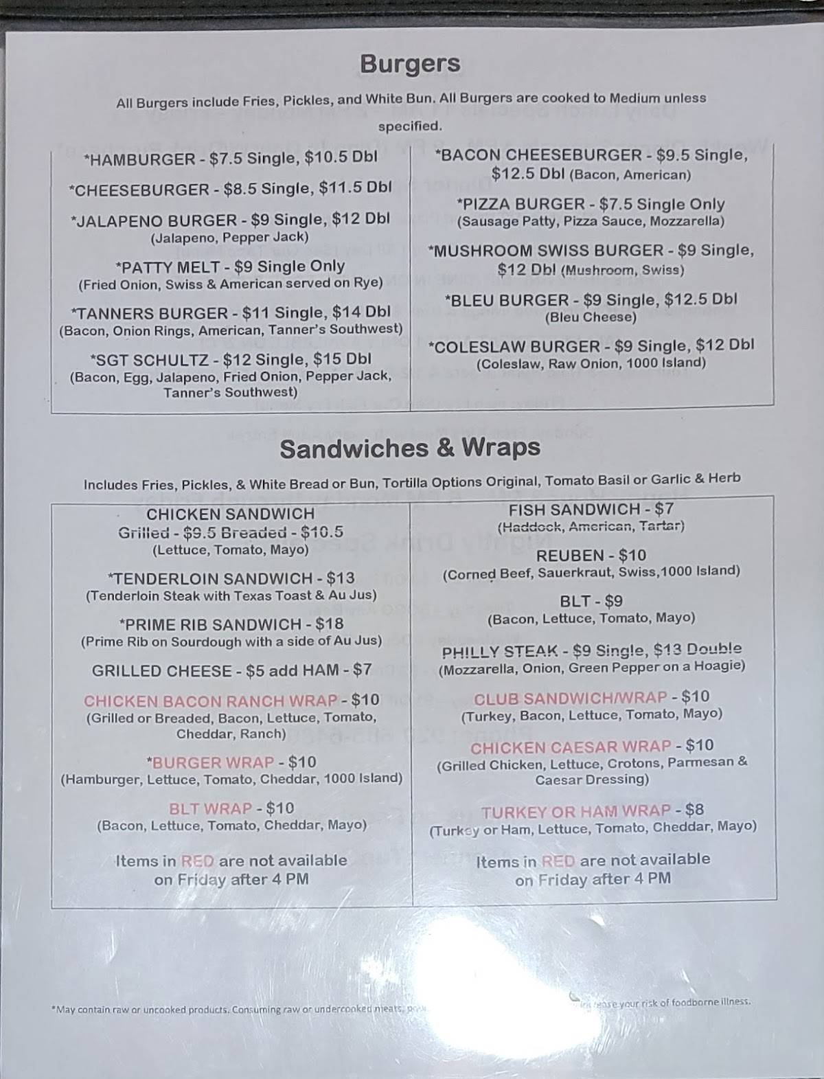 Menu at Tanners Tap & Grill pub & bar, Omro