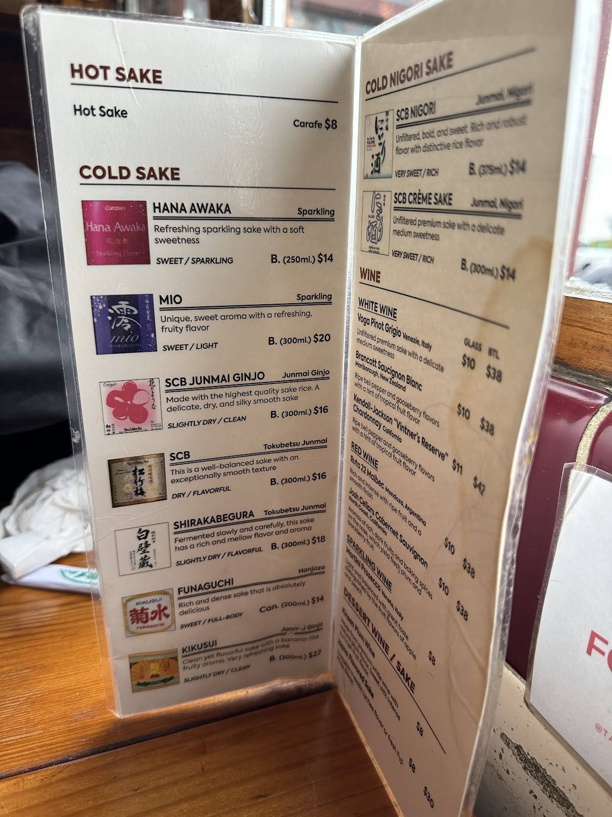 Menu at Tanpopo Ramen and Sake Bar, Albany