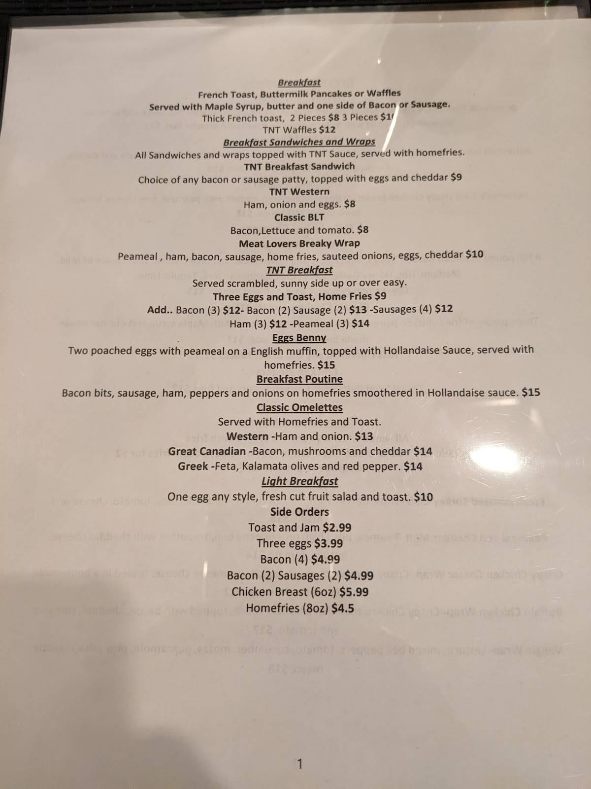 Menu at Taps N Tracks restaurant, Georgina