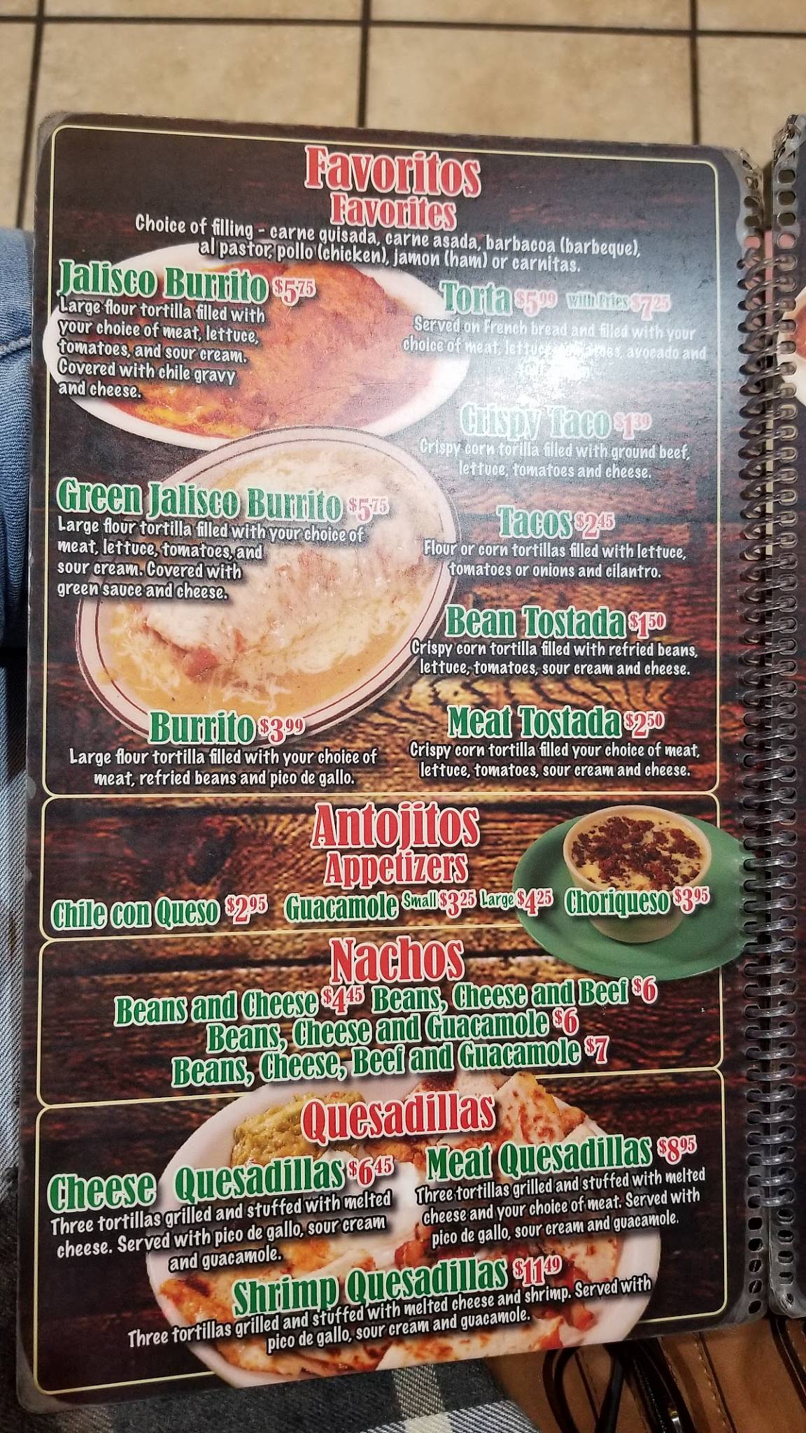 Menu at Taqueria Jalisco restaurant, Hobbs