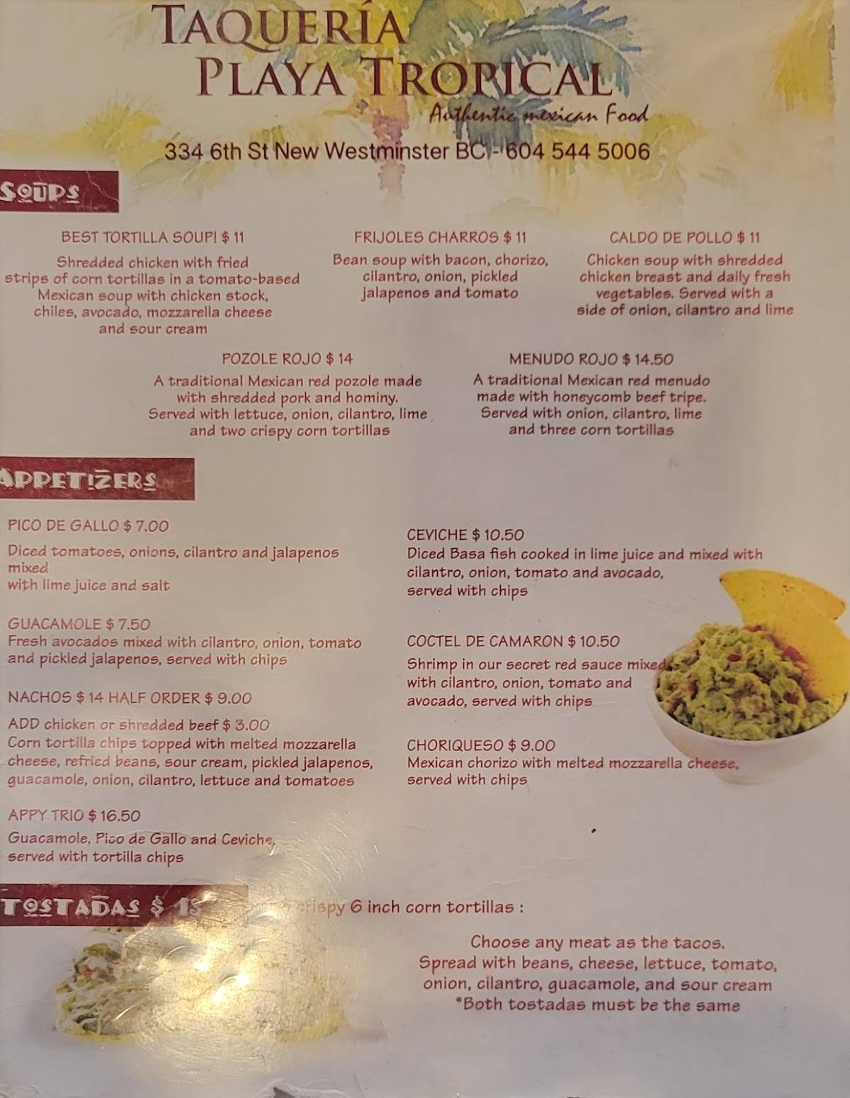 Menu at Taqueria Playa Tropical restaurant, New Westminster